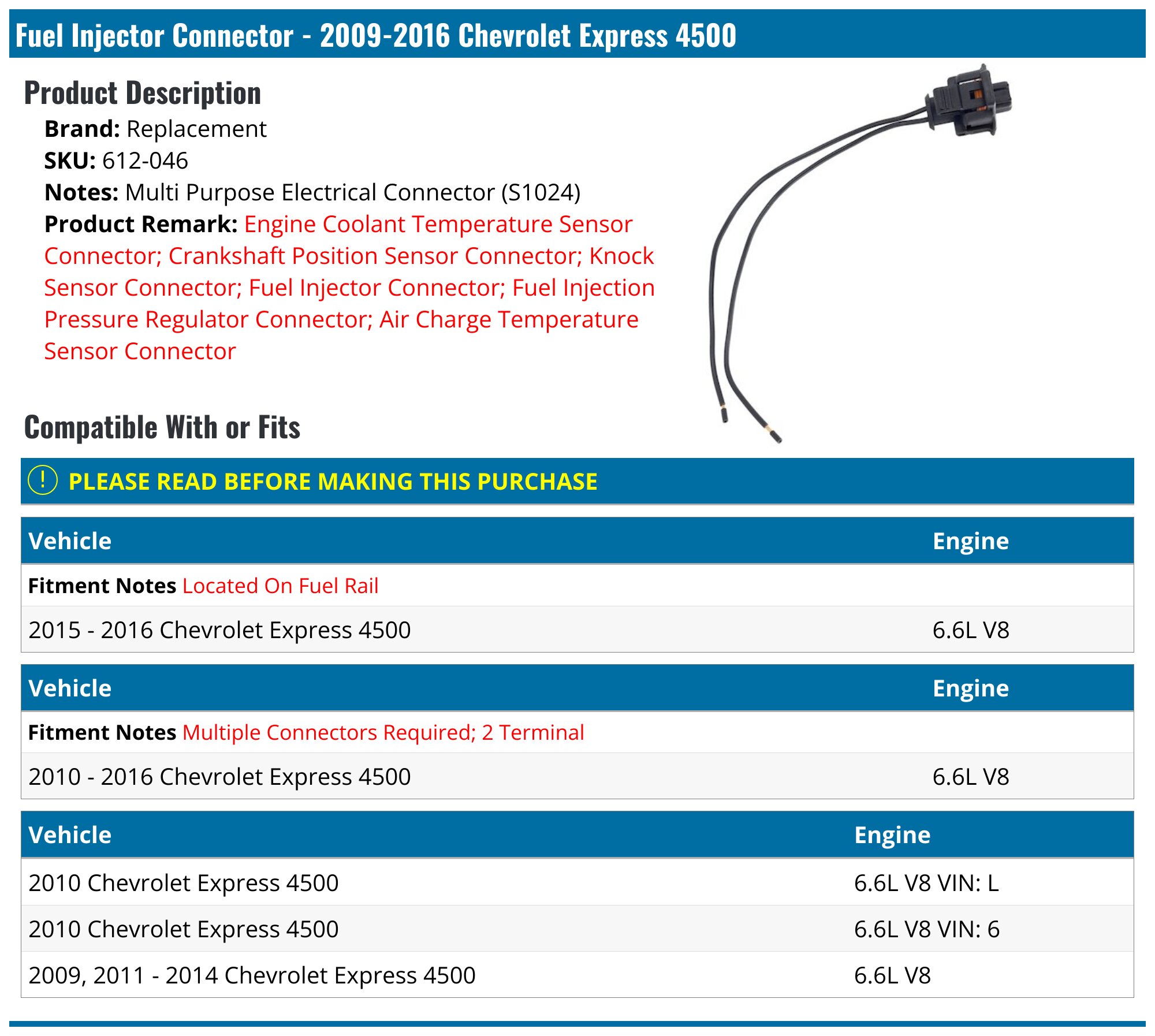 2009-2016 Chevrolet Express 4500 Fuel Injector Connector - Replacement ...