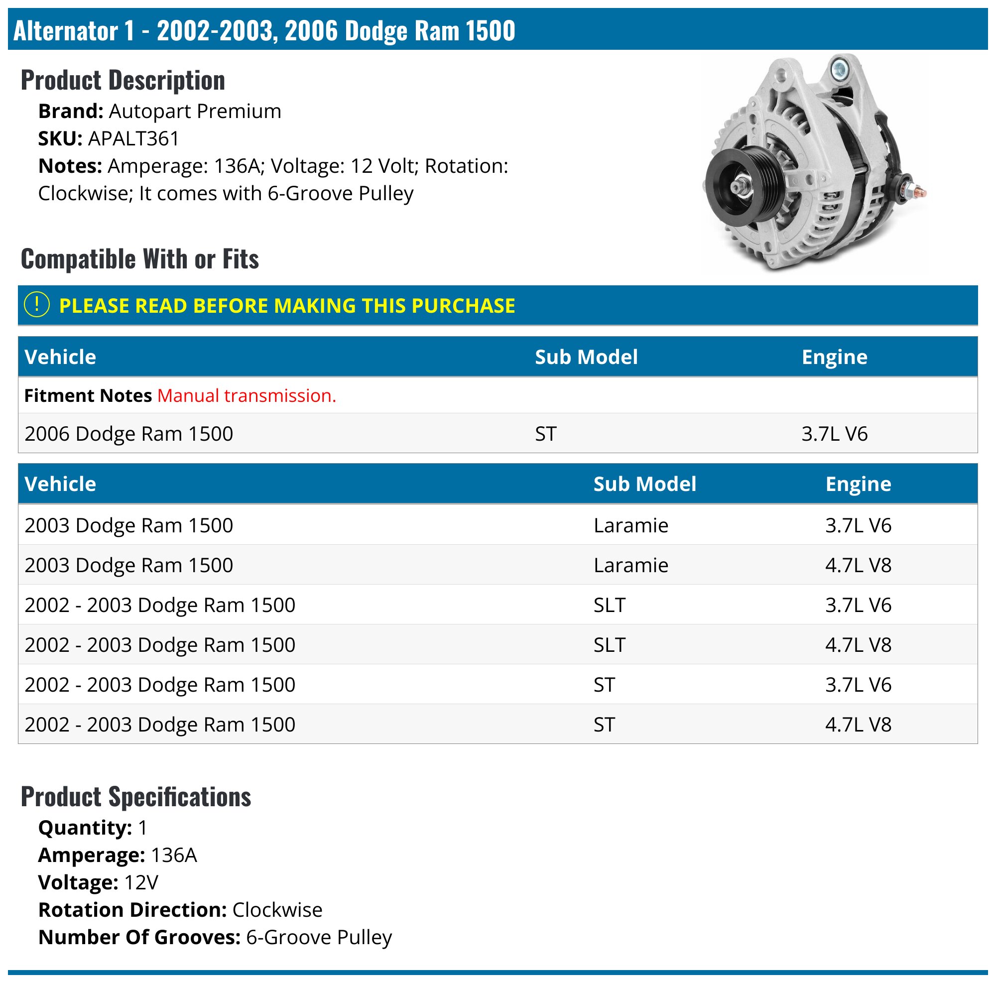 2002-2003, 2006 Dodge Ram 1500 Alternator - Autopart Premium APALT361 ...