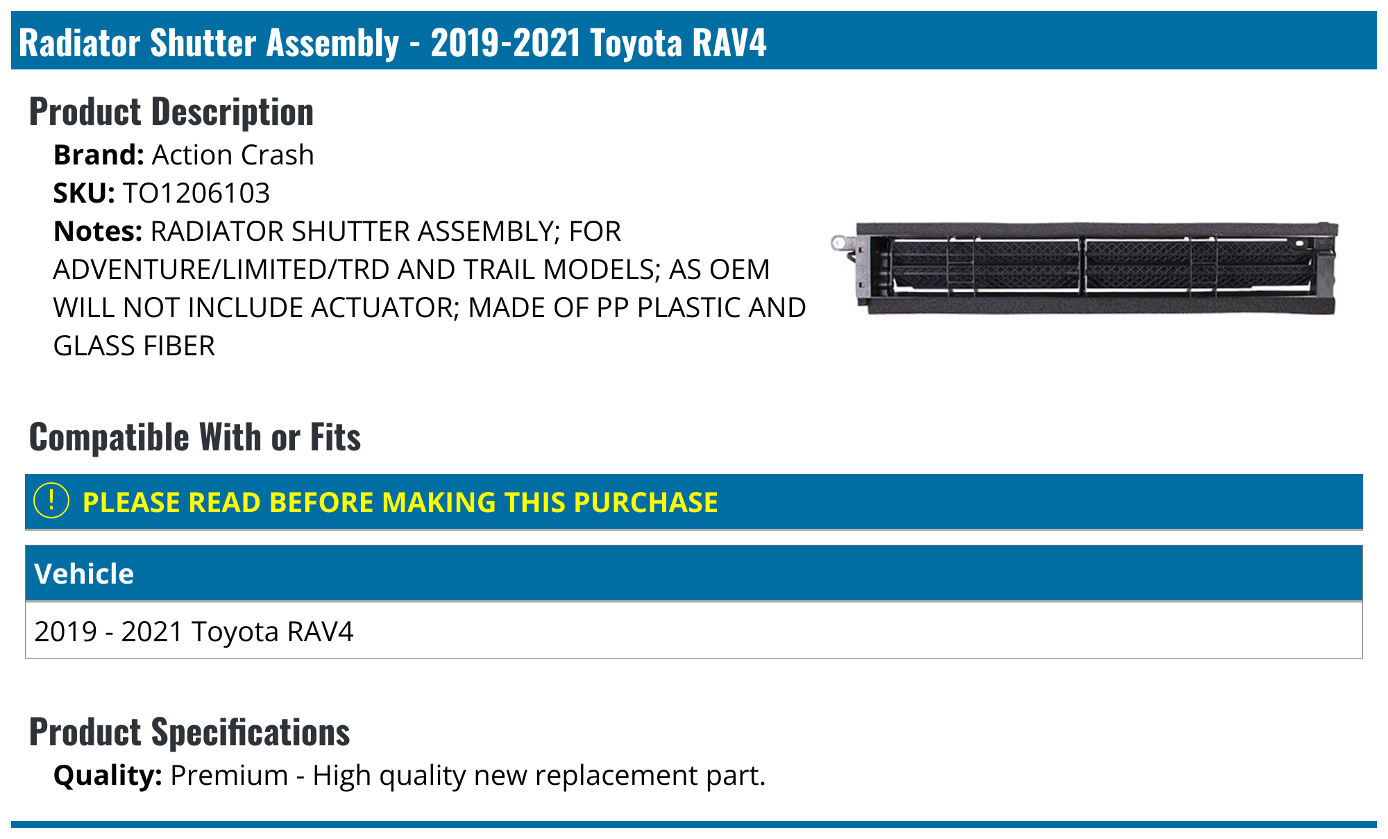 2019-2021 Toyota RAV4 Radiator Shutter Assembly - Action Crash ...