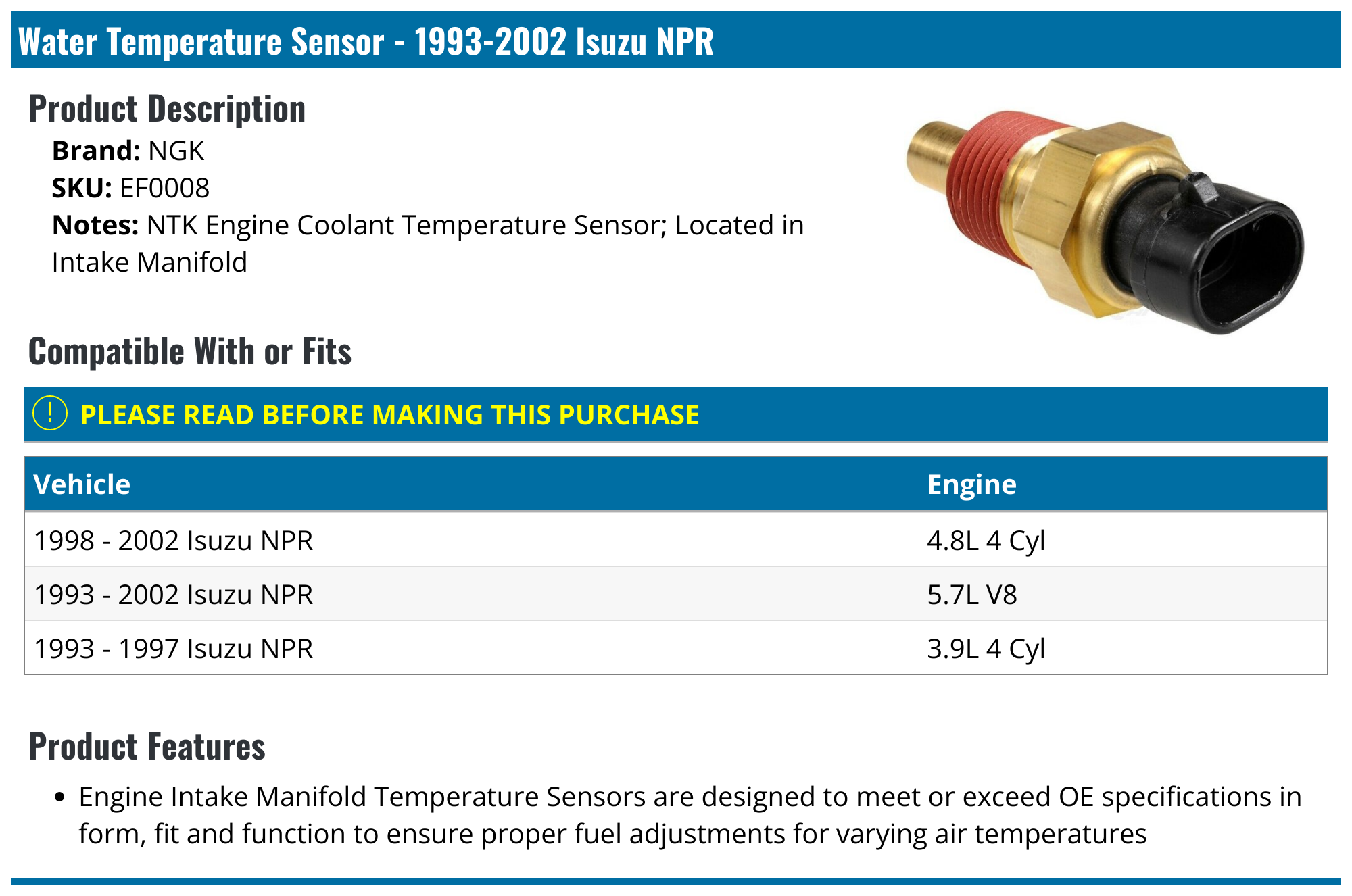 1993-2002 Isuzu NPR Water Temperature Sensor - NGK EF0008 - - PartsGeek.com