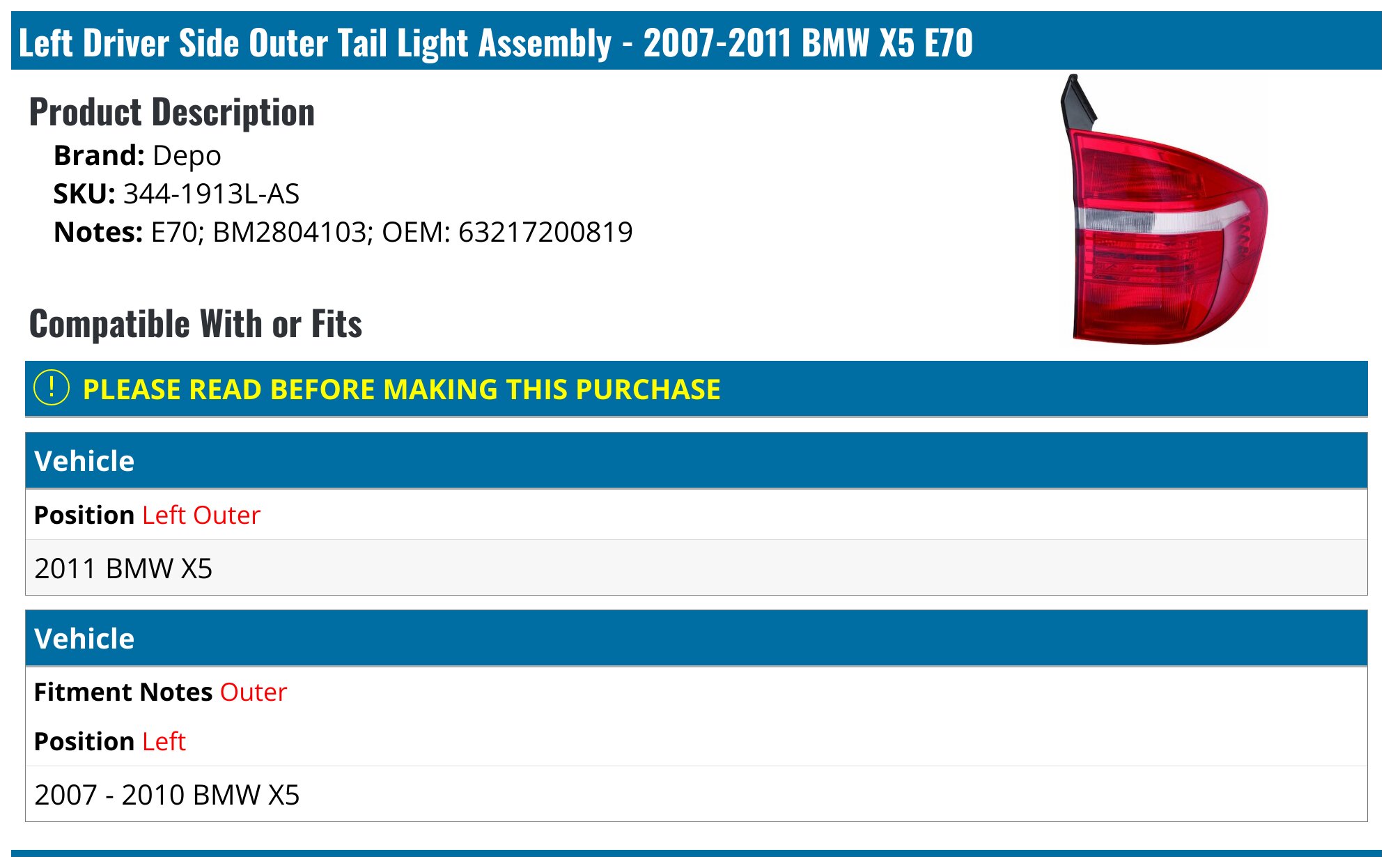 2007-2011 BMW X5 Tail Light Assembly - Depo 344-1913L-AS - Left ...