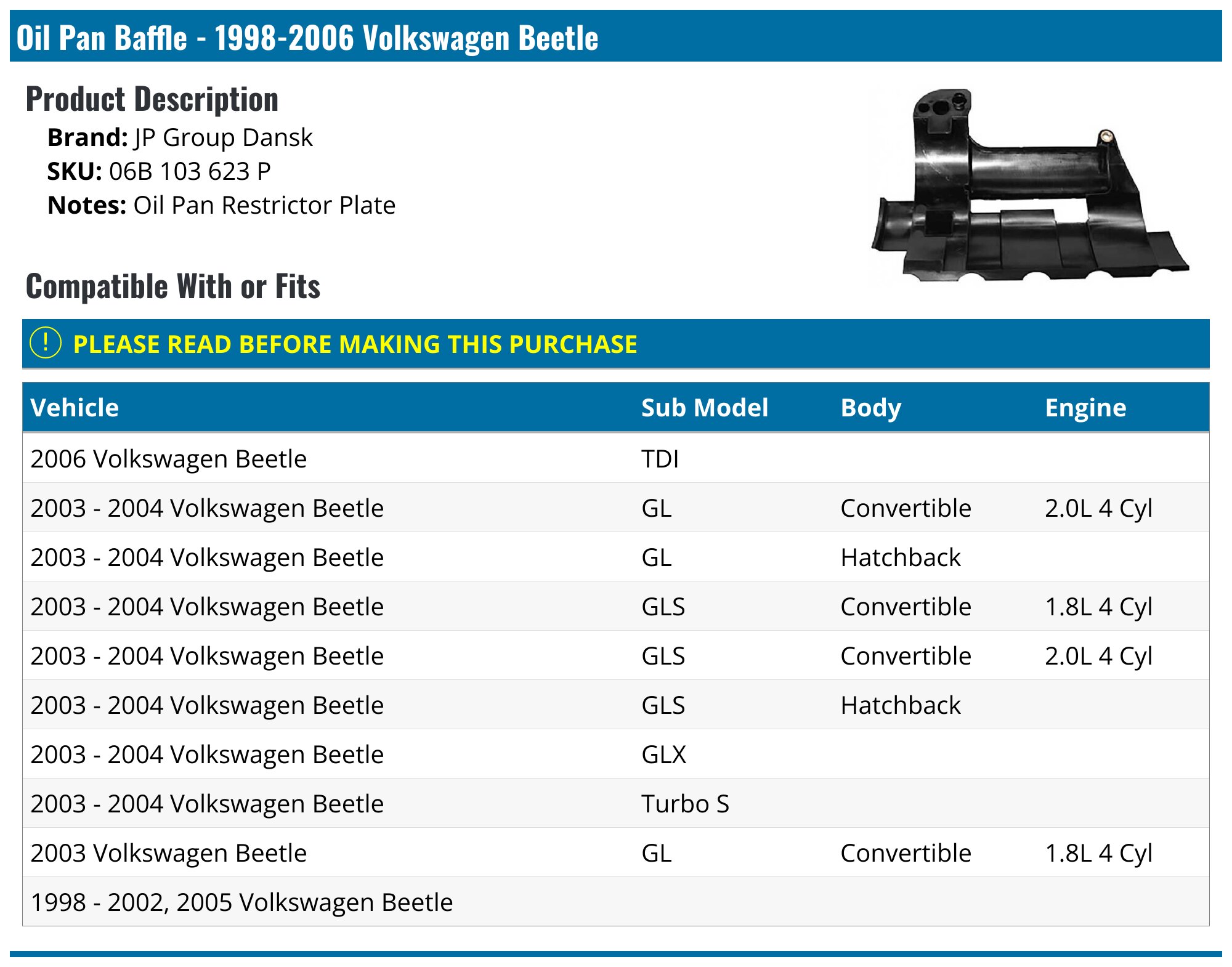 1998-2006 Volkswagen Beetle Oil Pan Baffle - JP Group Dansk 06B 103 623 ...
