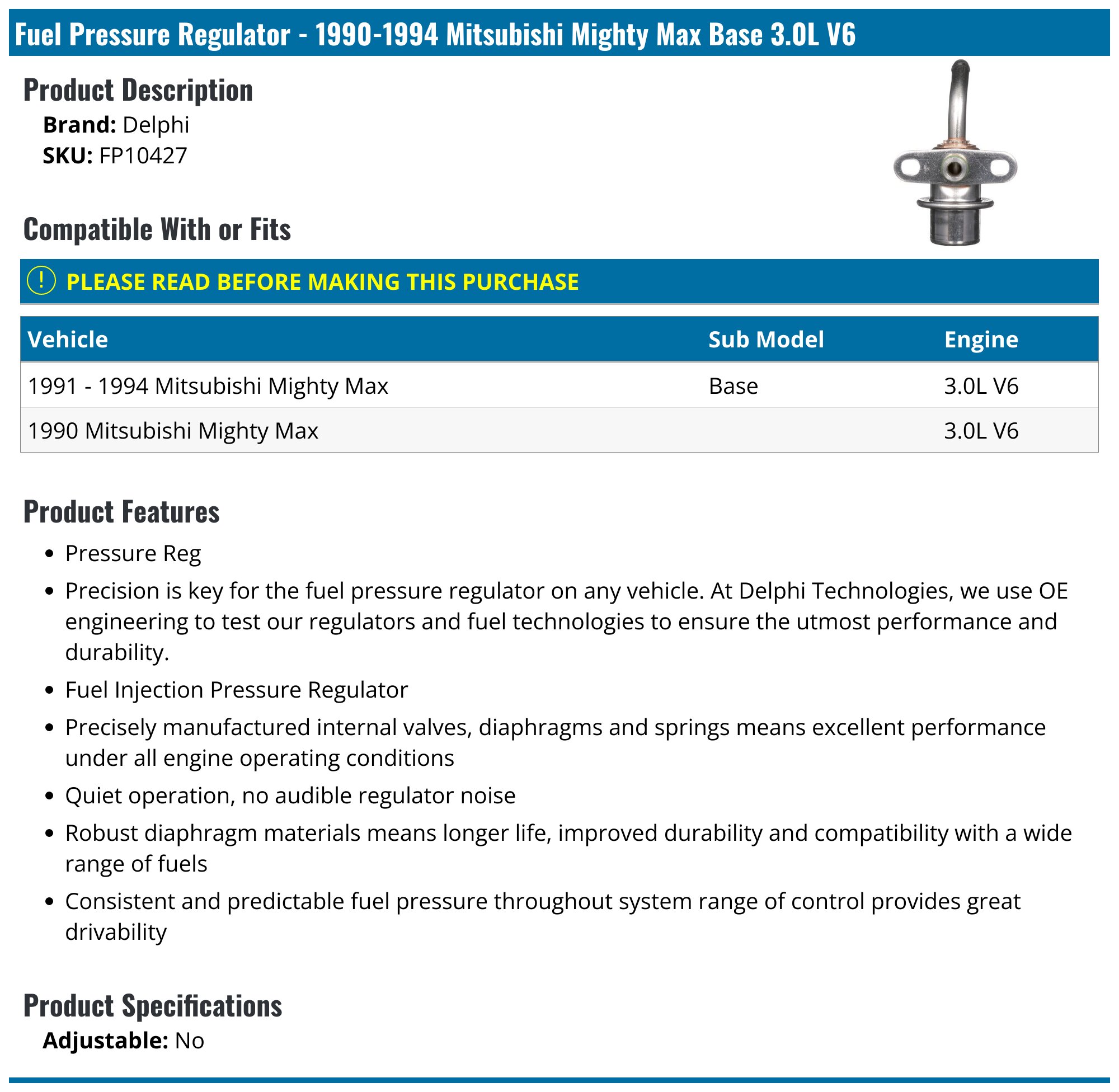 1990-1994 Mitsubishi Mighty Max Fuel Pressure Regulator - Delphi ...