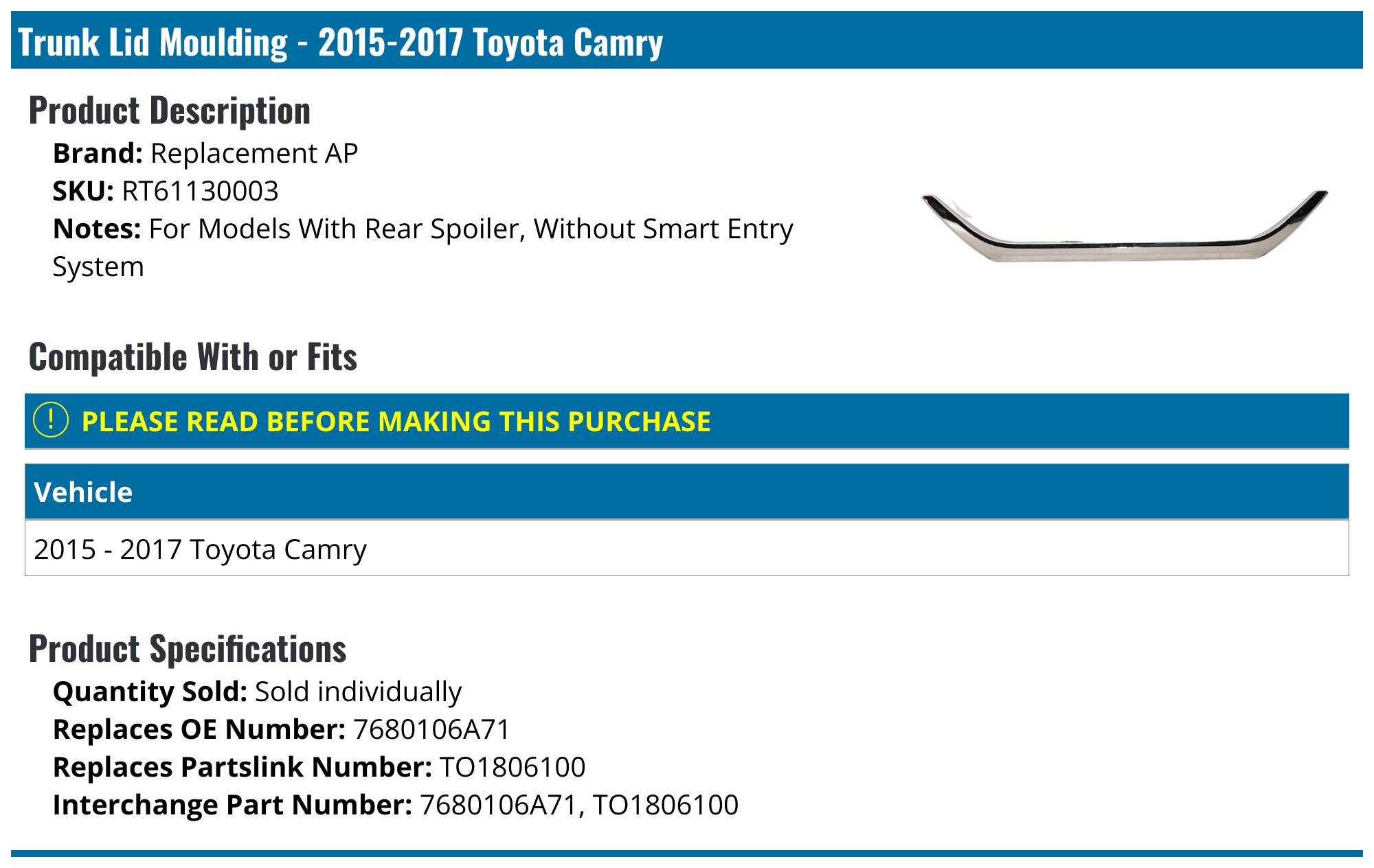 2015-2017 Toyota Camry Trunk Lid Moulding - Replacement AP RT61130003 ...