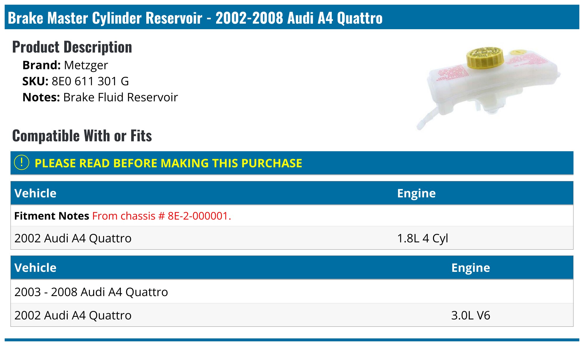 2002-2008 Audi A4 Quattro Brake Master Cylinder Reservoir - Metzger 8E0 ...