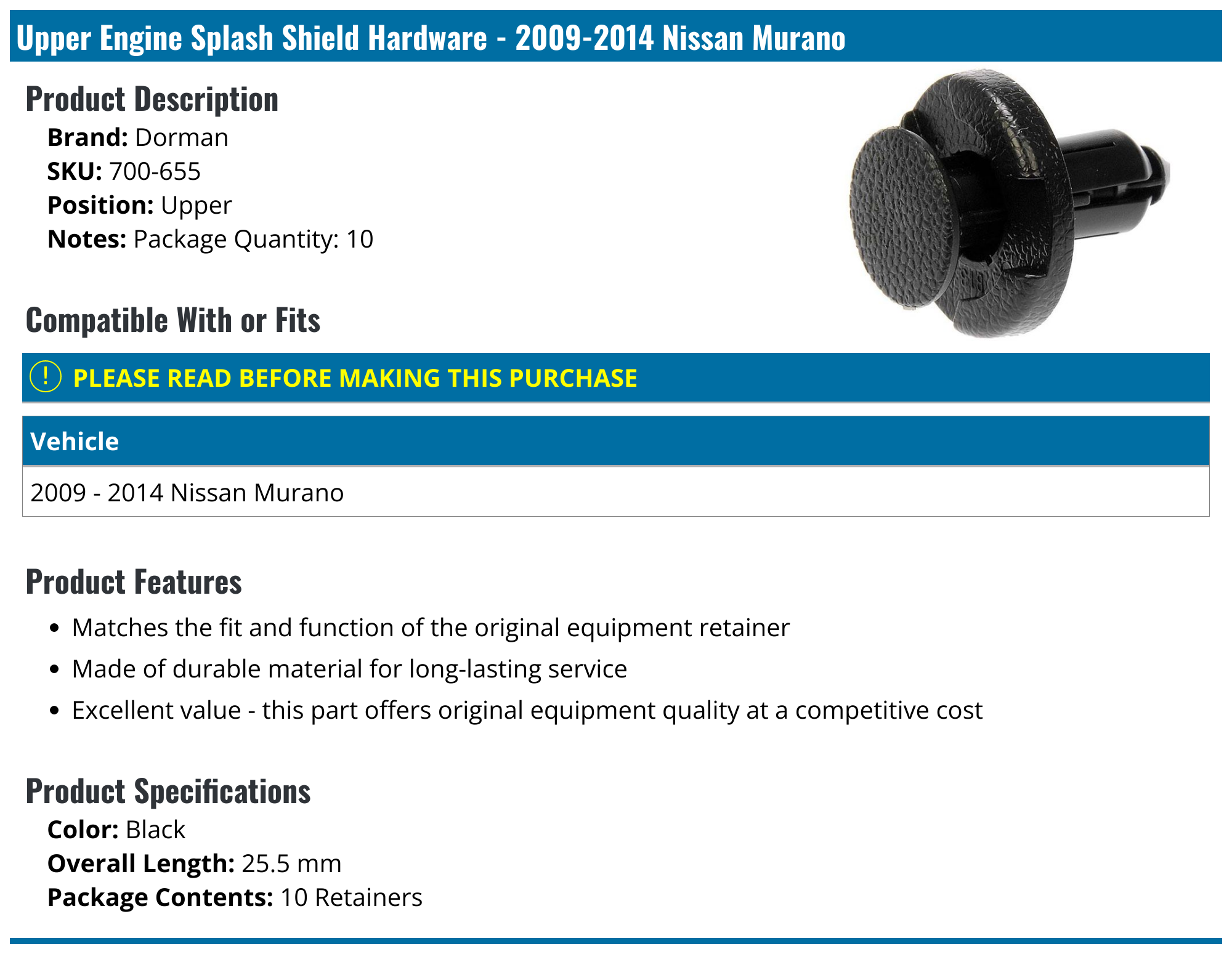 2009-2014 Nissan Murano Engine Splash Shield Hardware - Dorman 700-655 ...
