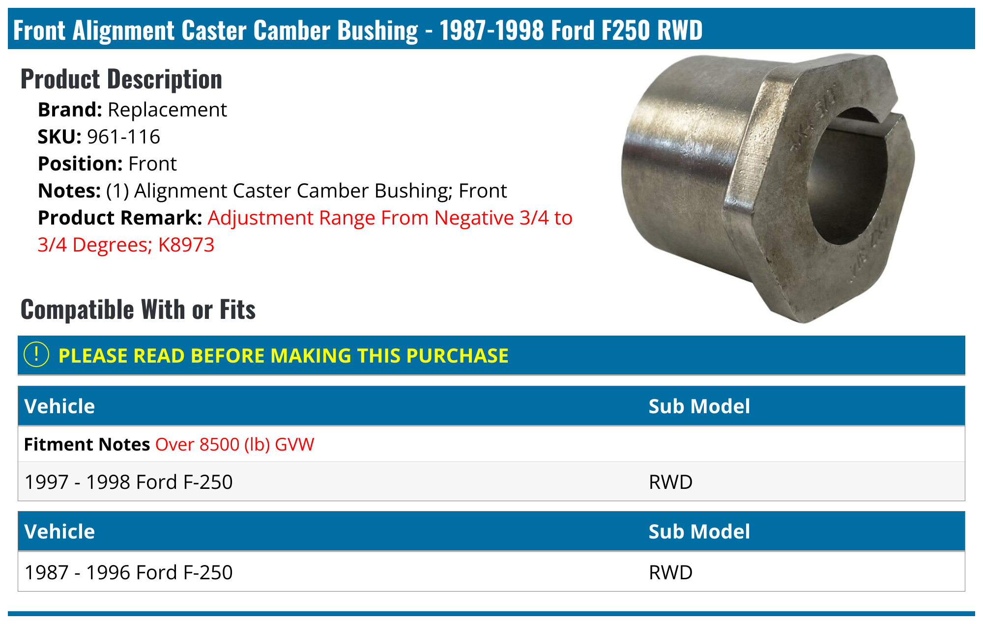 1987-1998 Ford F250 Alignment Caster Camber Bushing - Replacement 961 ...