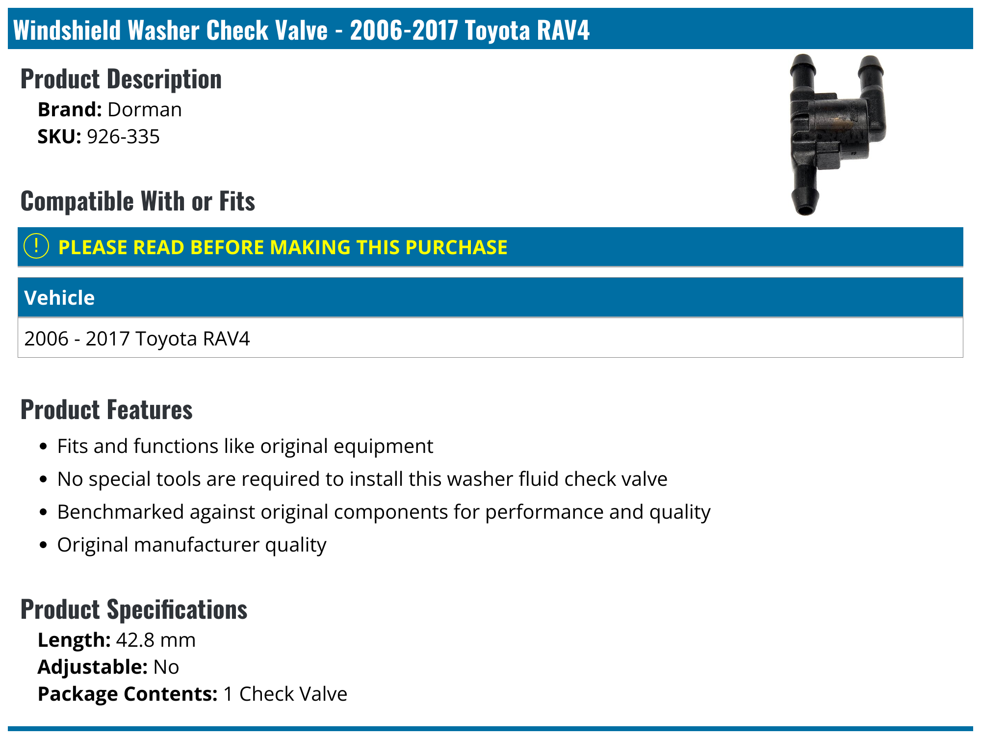 2006-2017 Toyota RAV4 Windshield Washer Check Valve - Dorman 926-335 ...