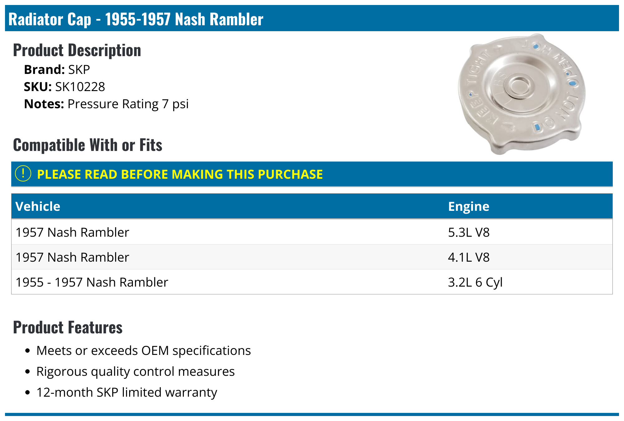 1955-1957 Nash Rambler Radiator Cap - SKP SK10228 - PartsGeek.com