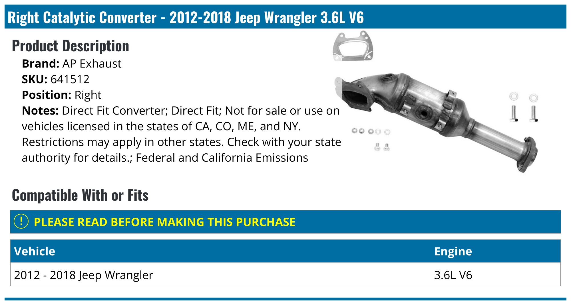2012-2017 Jeep Wrangler Catalytic Converter - AP Exhaust 641512 - Right ...