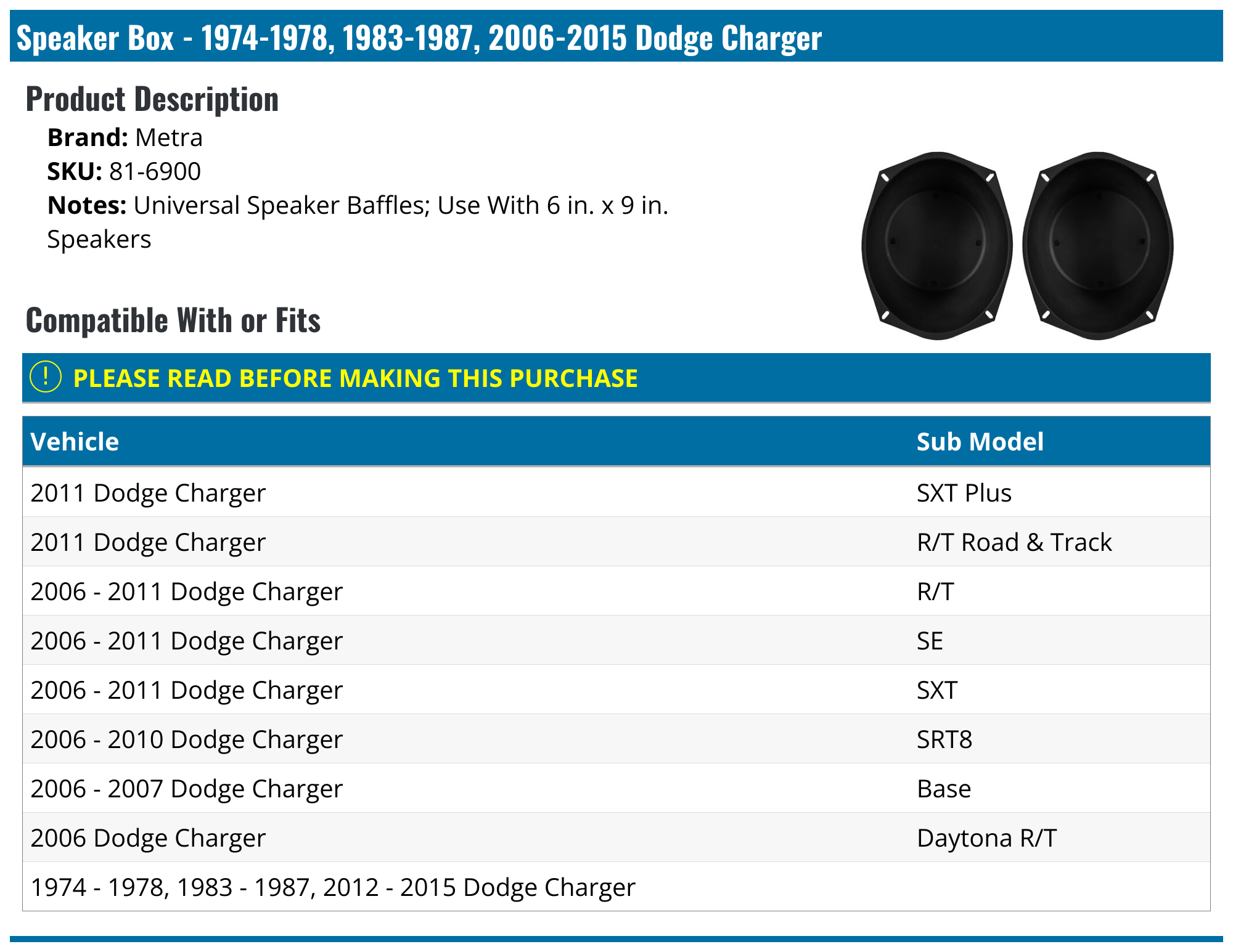 1974-1978, 1983-1987, 2006-2015 Dodge Charger Speaker Box - Metra 81 ...