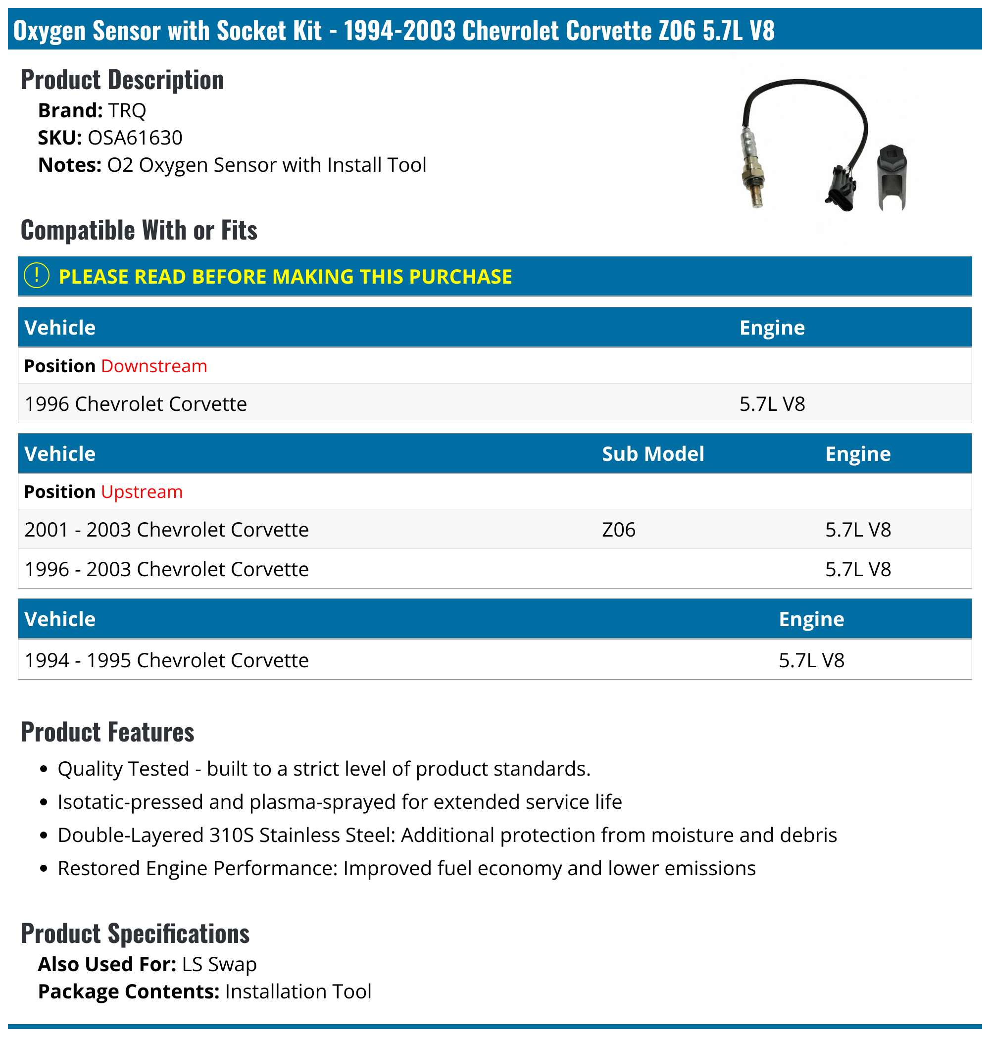 1994-2003 Chevrolet Corvette Oxygen Sensor - TRQ OSA61630 - Upstream ...