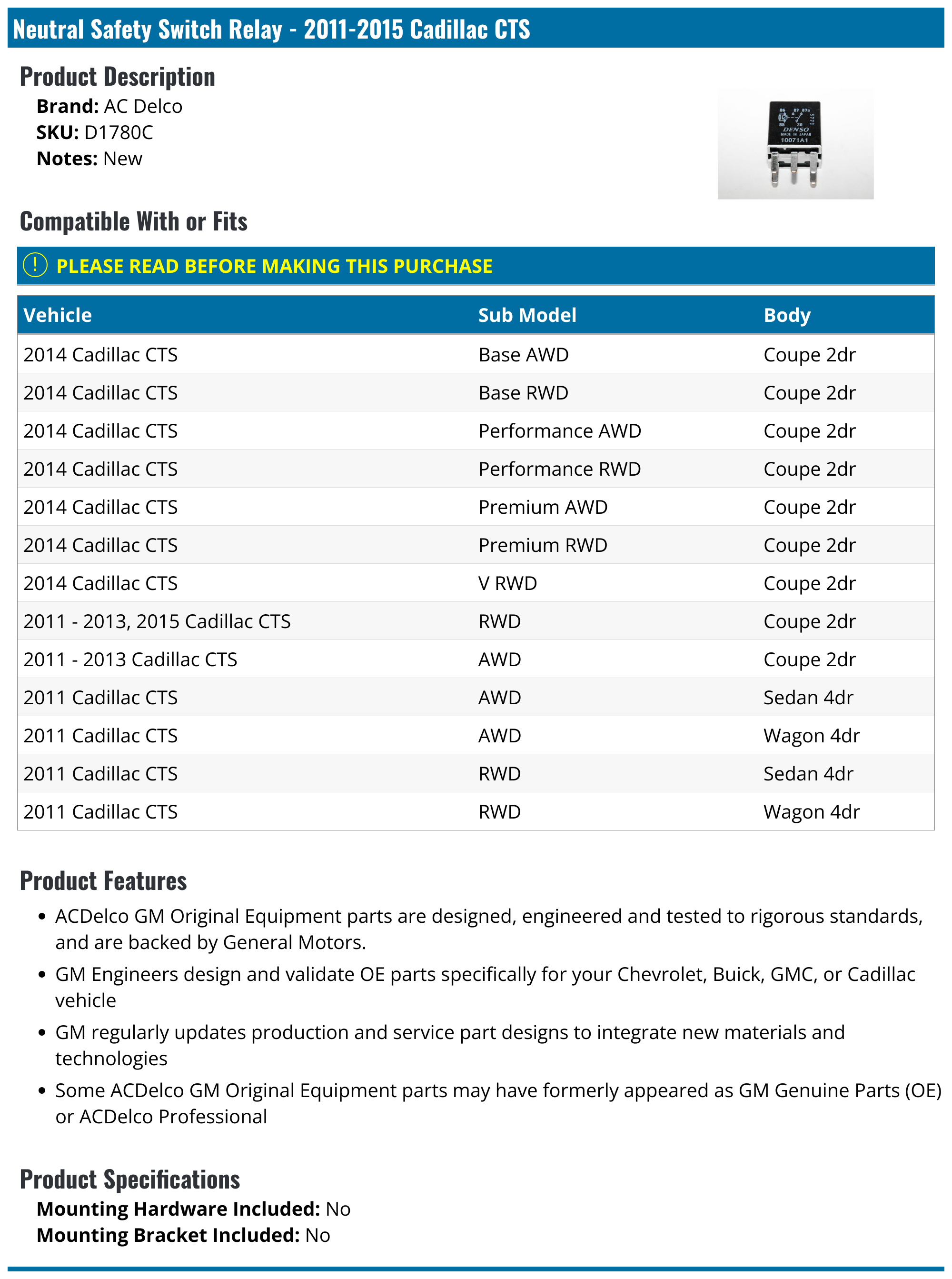 2011-2015 Cadillac CTS Neutral Safety Switch Relay - AC Delco D1780C ...