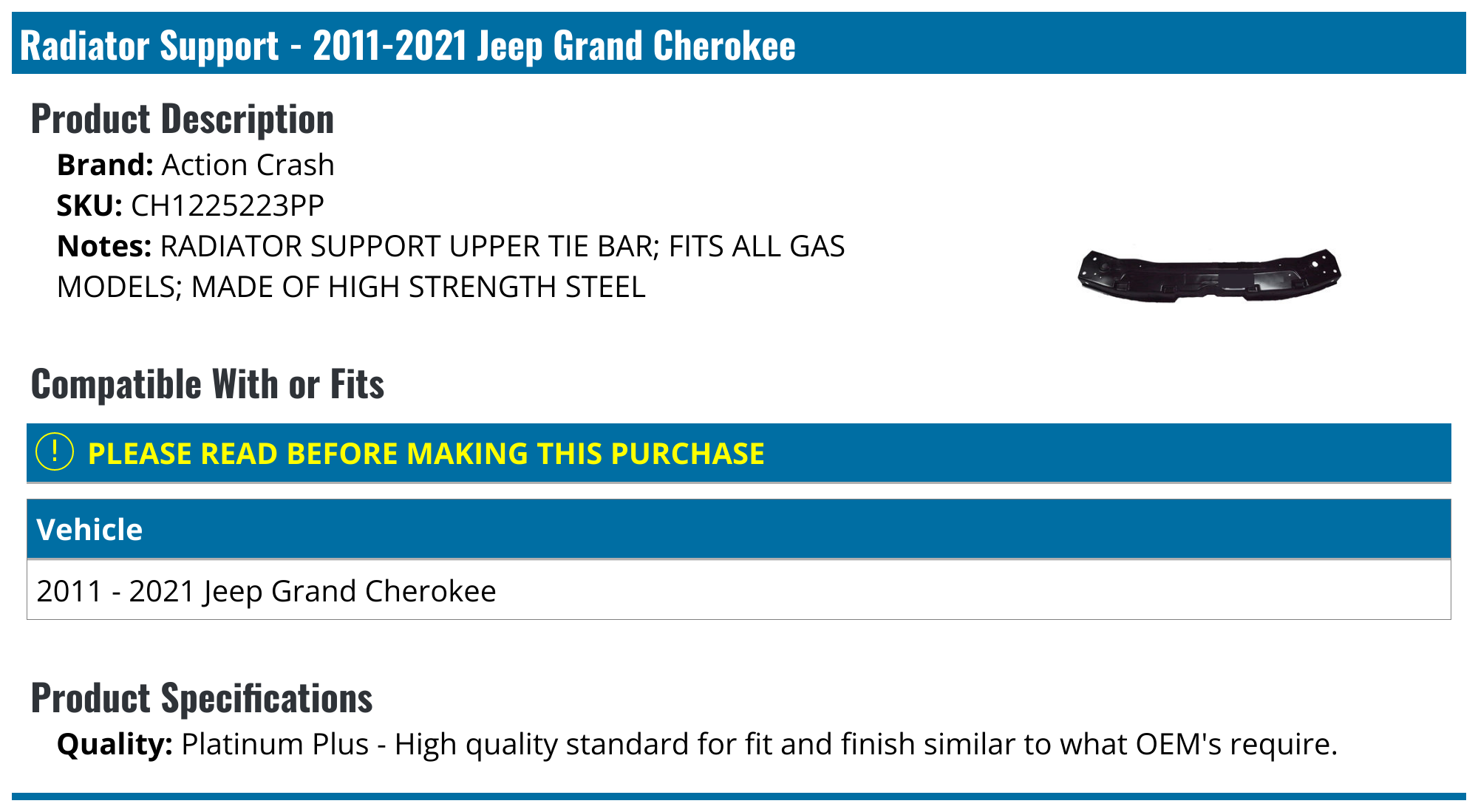 2011-2021 Jeep Grand Cherokee Radiator Support - Action Crash ...