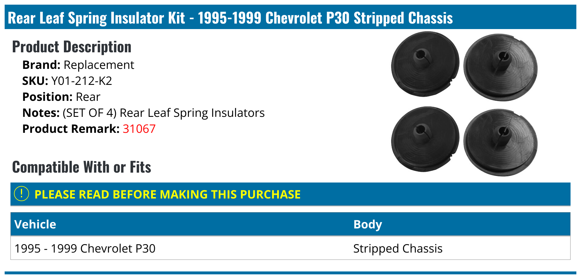 1995-1999 Chevrolet P30 Leaf Spring Insulator - Replacement Y01-212-K2 ...