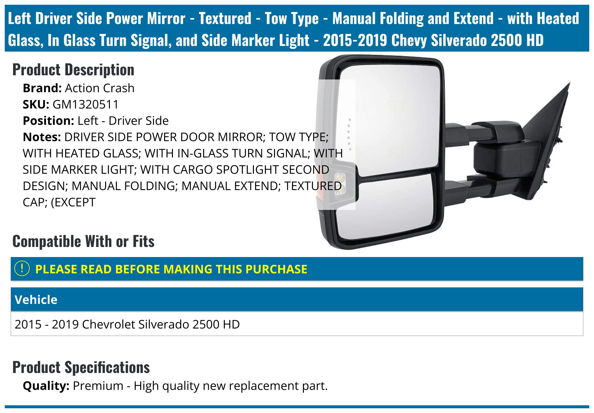 2015-2019 Chevrolet Silverado 2500 HD Mirror - Action Crash GM1320511 ...