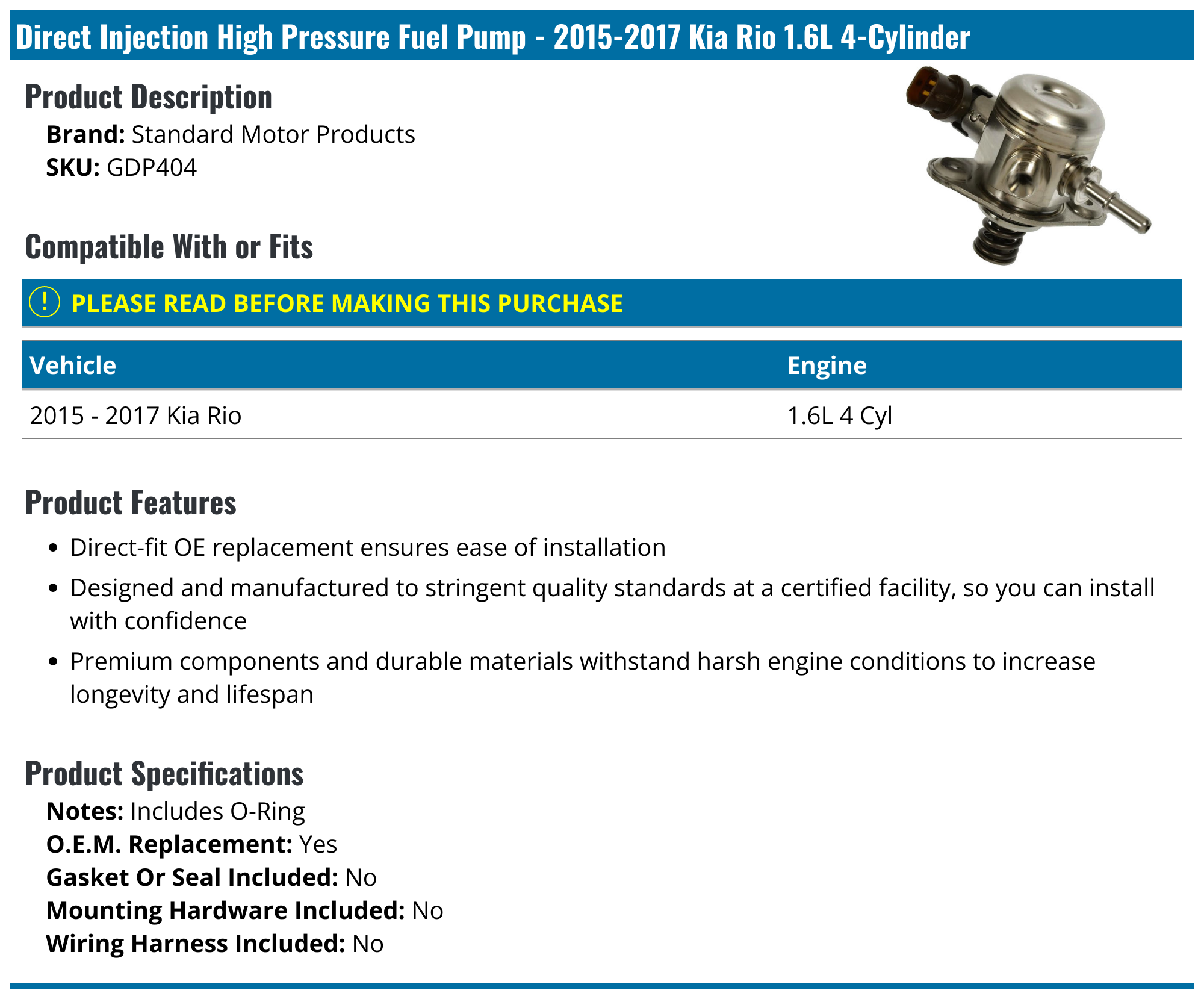 2015-2017 Kia Rio Fuel Pump - Standard Motor Products GDP404 ...