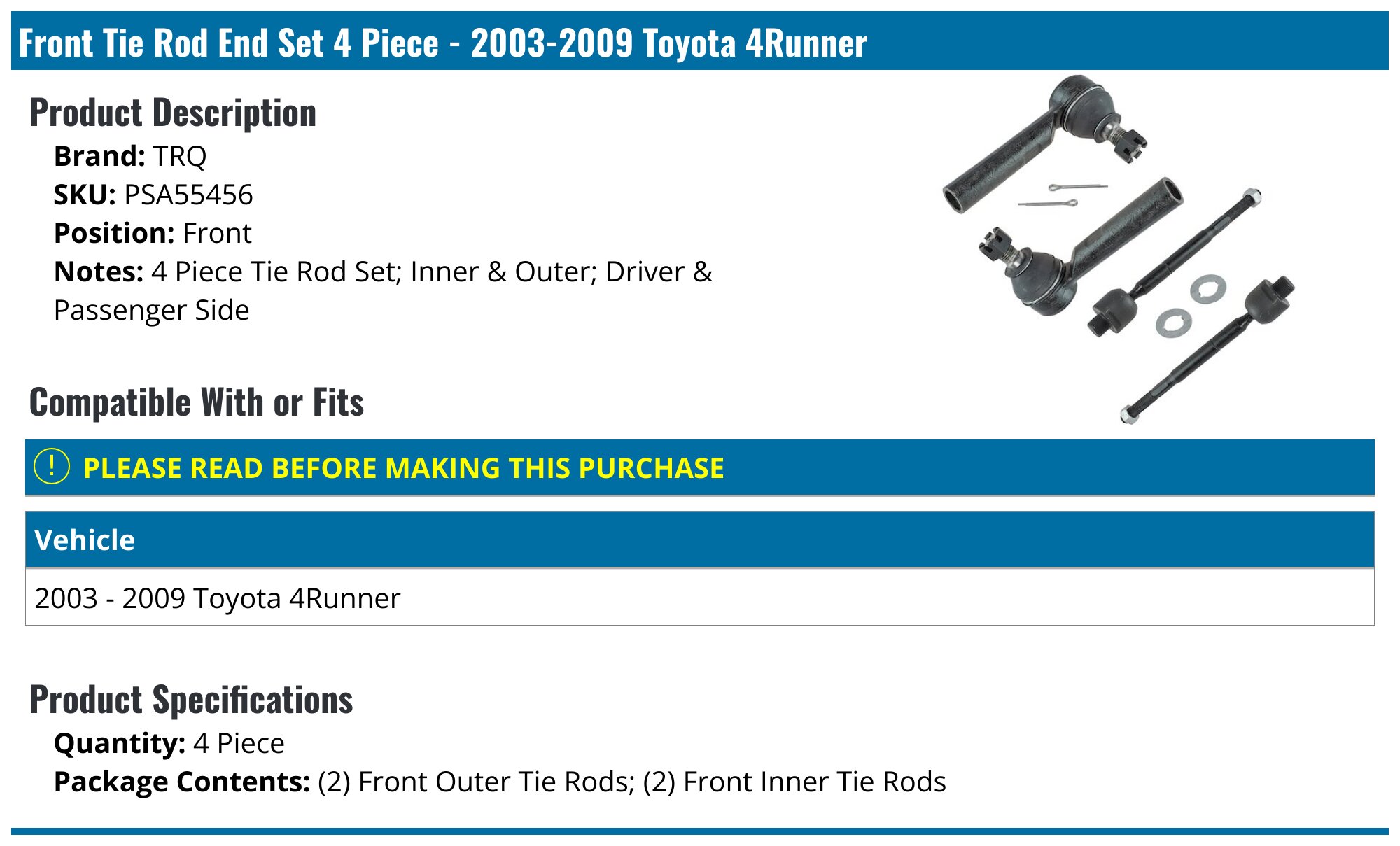 2003-2009 Toyota 4Runner Tie Rod End - TRQ PSA55456 - Front - PartsGeek.com