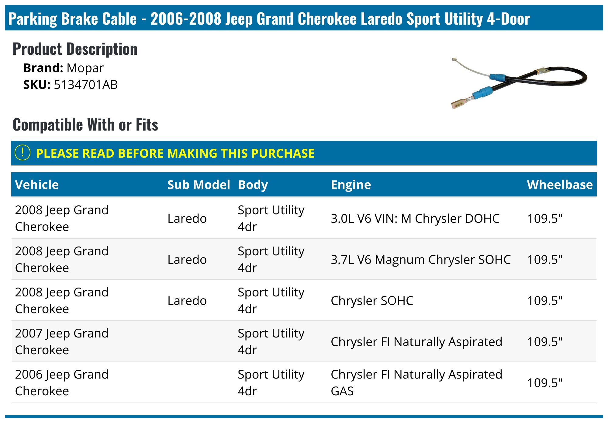 2006-2008 Jeep Grand Cherokee Parking Brake Cable - Mopar 5134701AB ...