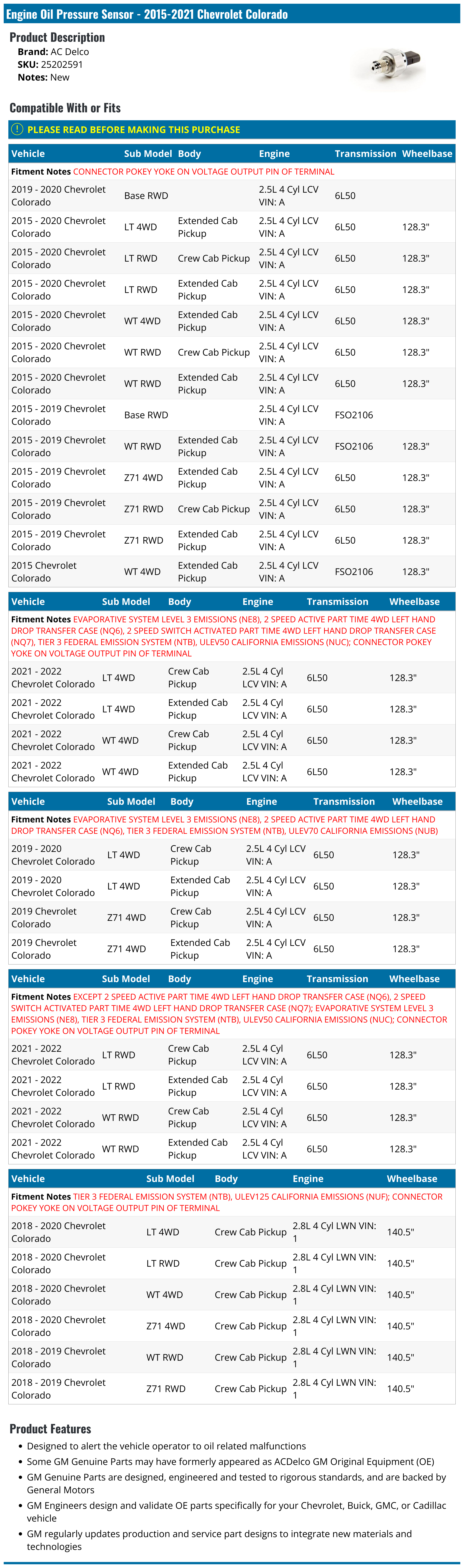 2015-2022 Chevrolet Colorado Engine Oil Pressure Sensor - AC Delco ...