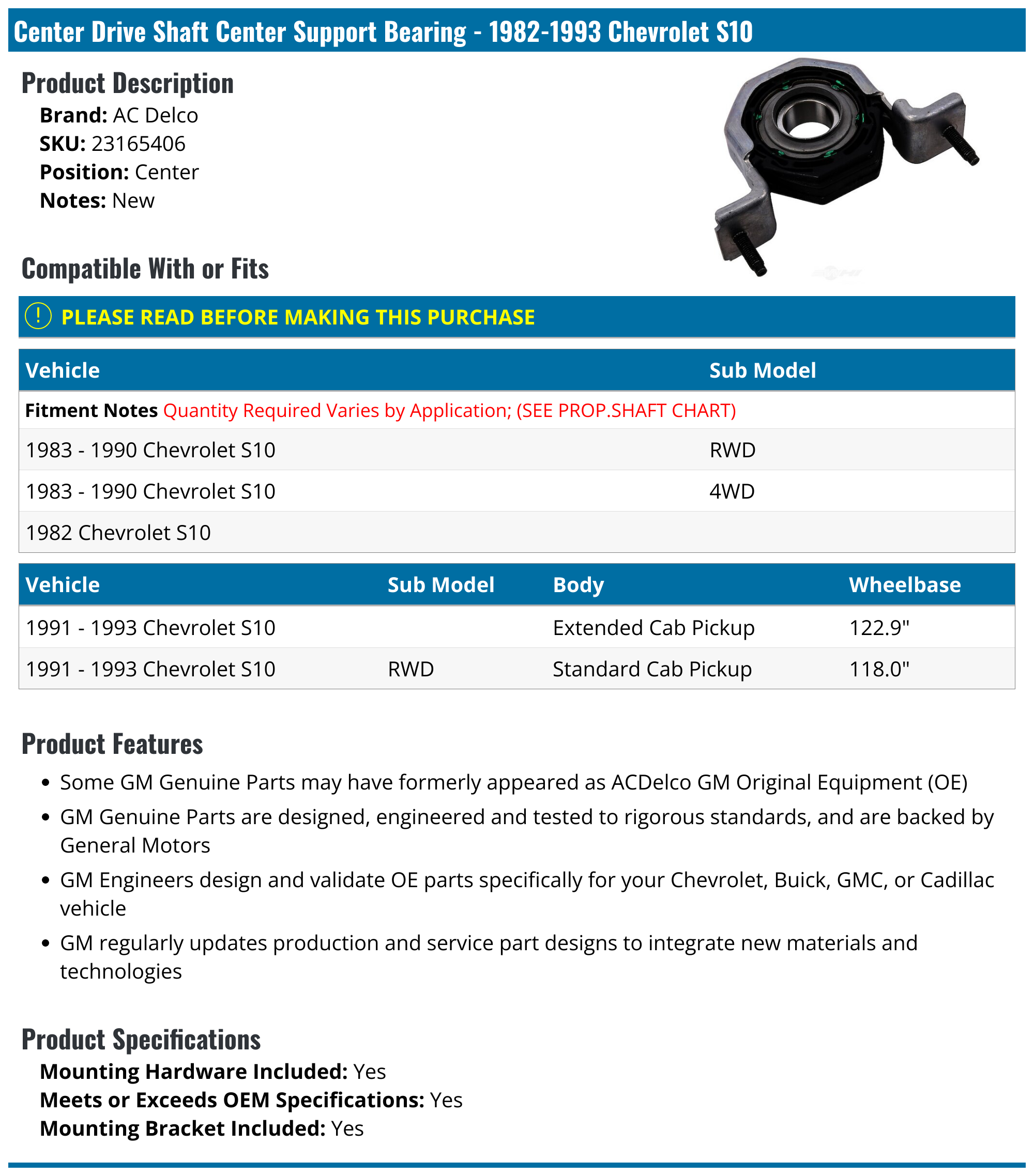 1982-1993 Chevrolet S10 Drive Shaft Center Support Bearing - AC Delco ...