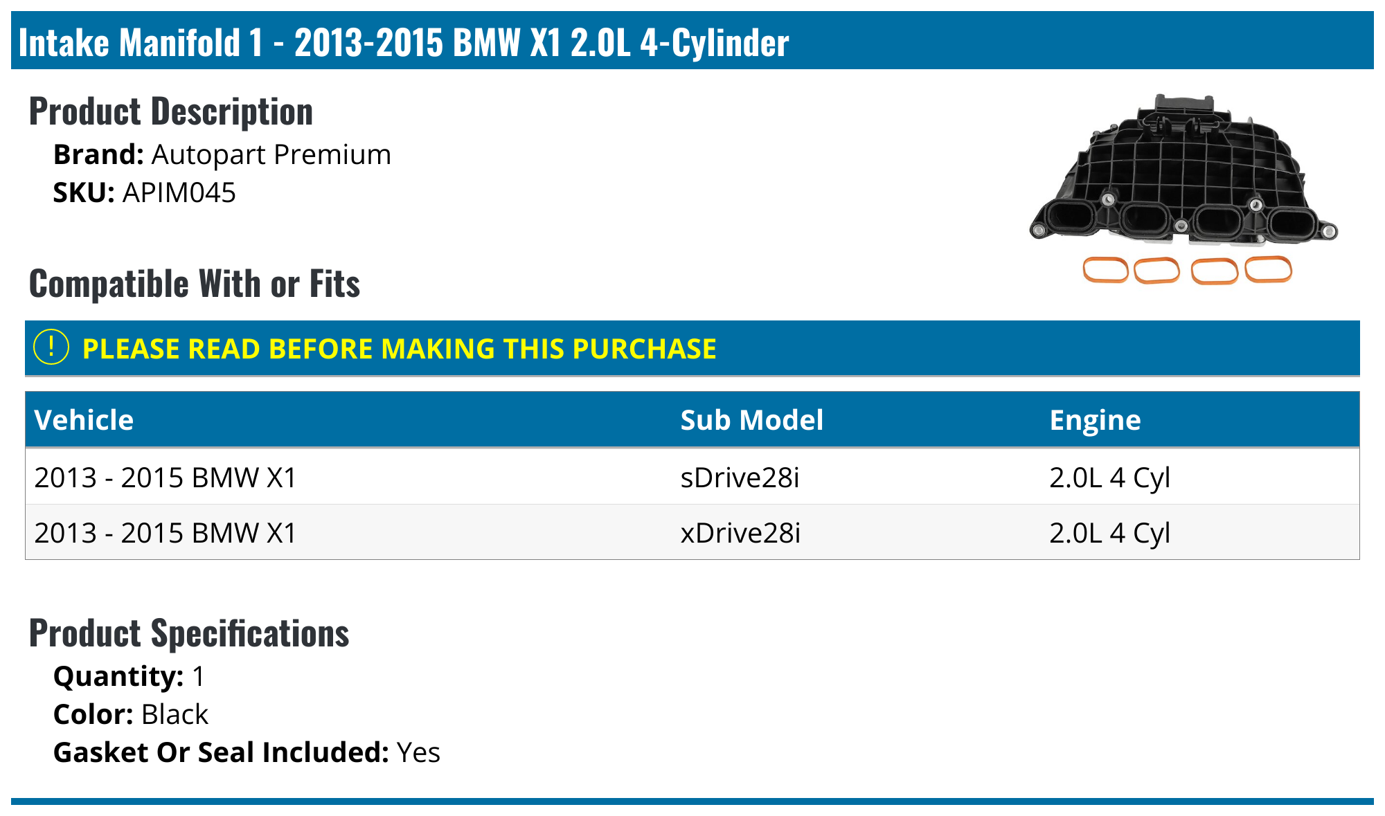 2013-2015 BMW X1 Intake Manifold - Autopart Premium APIM045 - PartsGeek.com