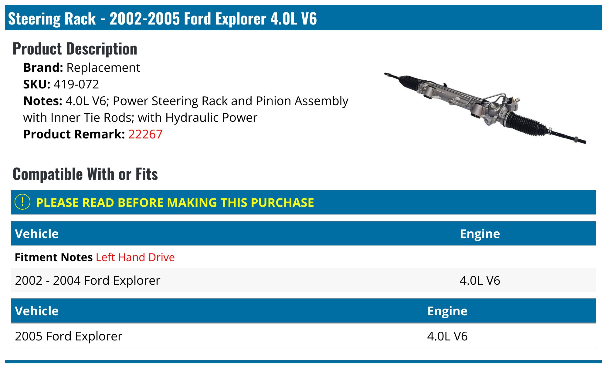 2002-2005 Ford Explorer Steering Rack - Replacement 419-072 - PartsGeek.com