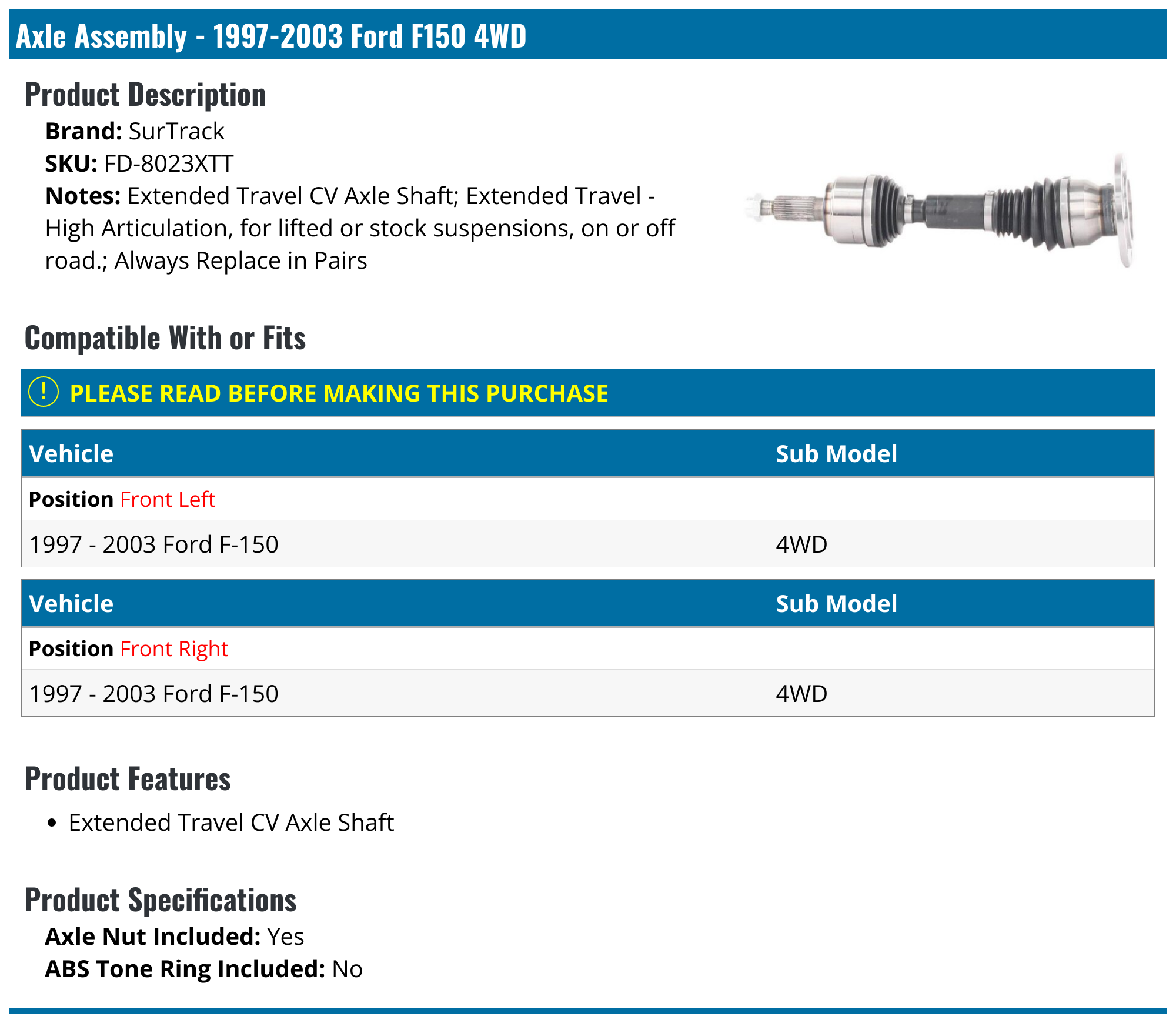 1997-2003 Ford F150 Axle Assembly - SurTrack FD-8023XTT - Front ...