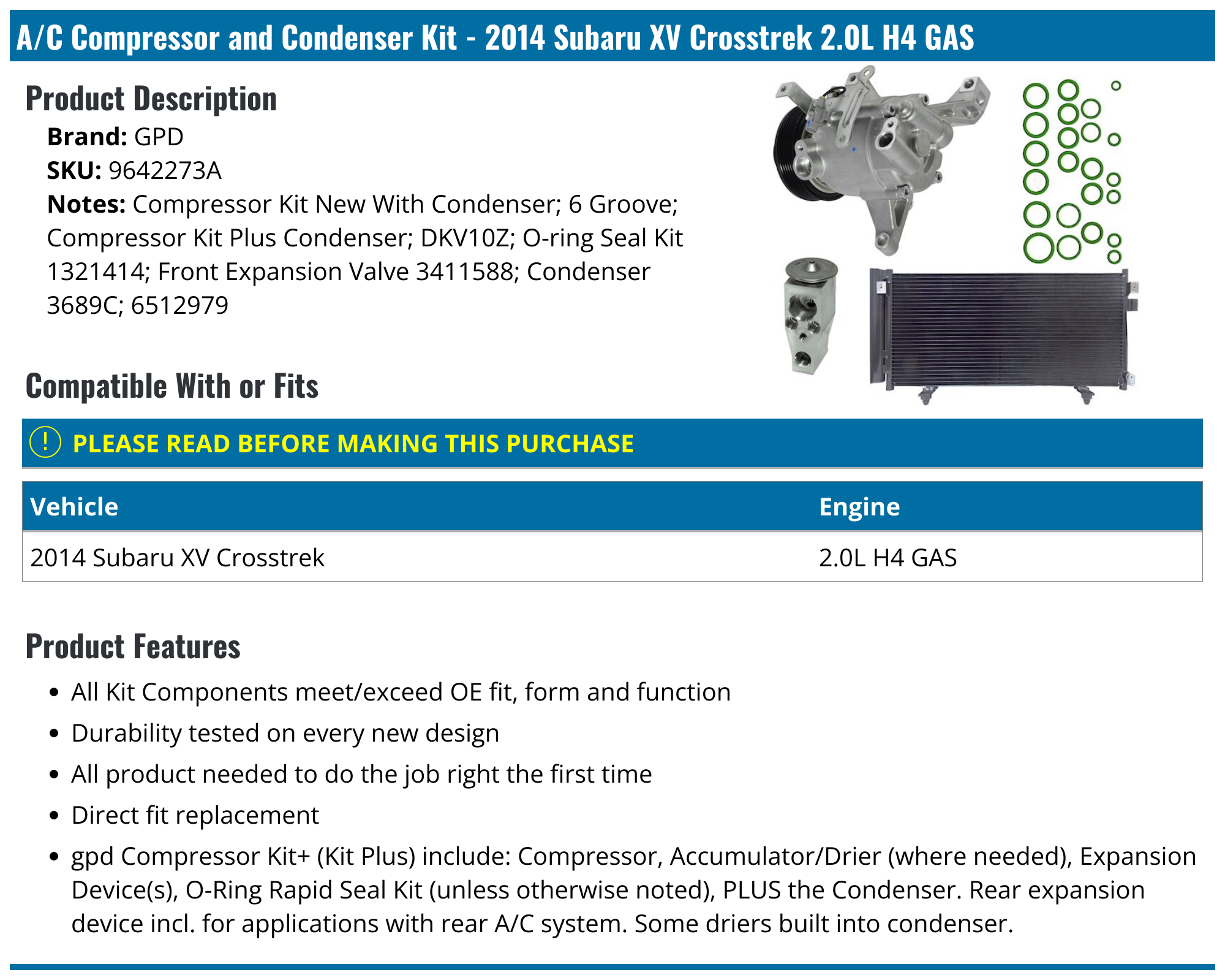2014 Subaru XV Crosstrek A/C Compressor - GPD 9642273A - PartsGeek.com