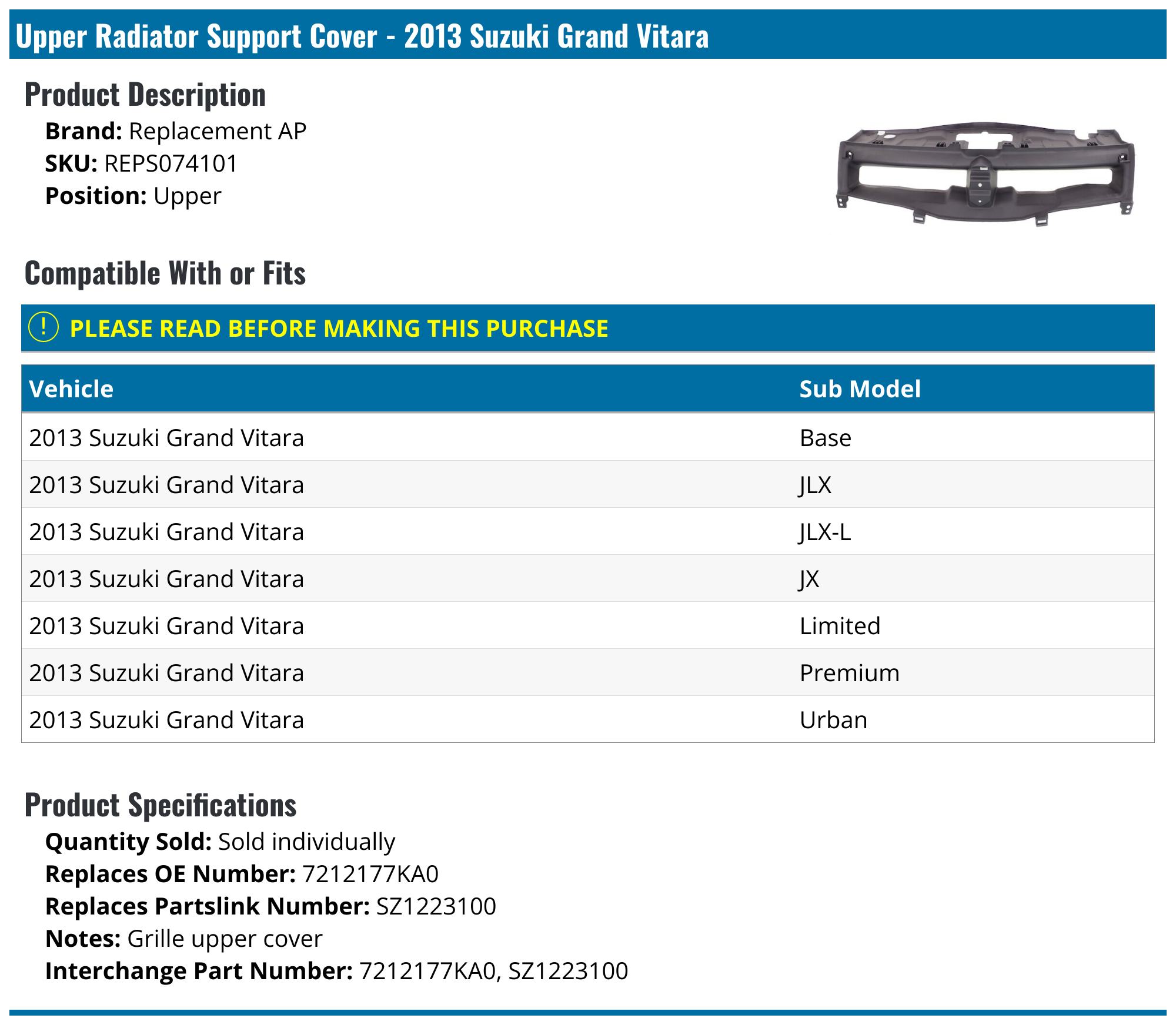 2013 Suzuki Grand Vitara Radiator Support Cover - Replacement AP ...