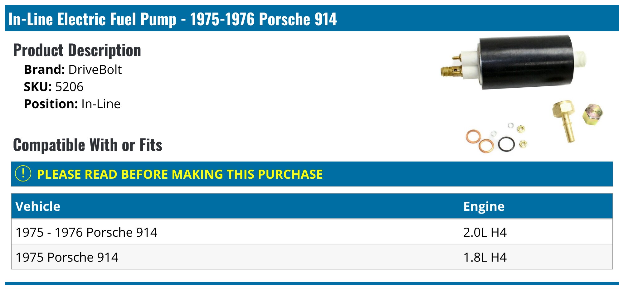 1975-1976 Porsche 914 Fuel Pump - DriveBolt 5206 - In-Line - PartsGeek.com