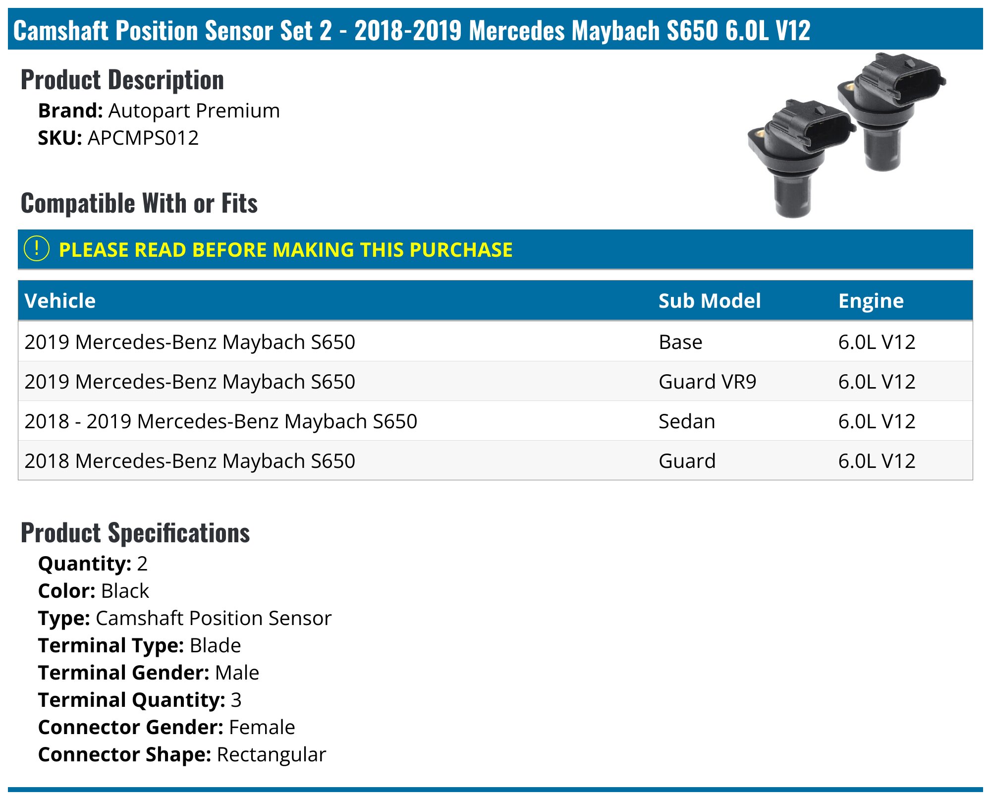 2018-2019 Mercedes Maybach S650 Camshaft Position Sensor - Autopart ...