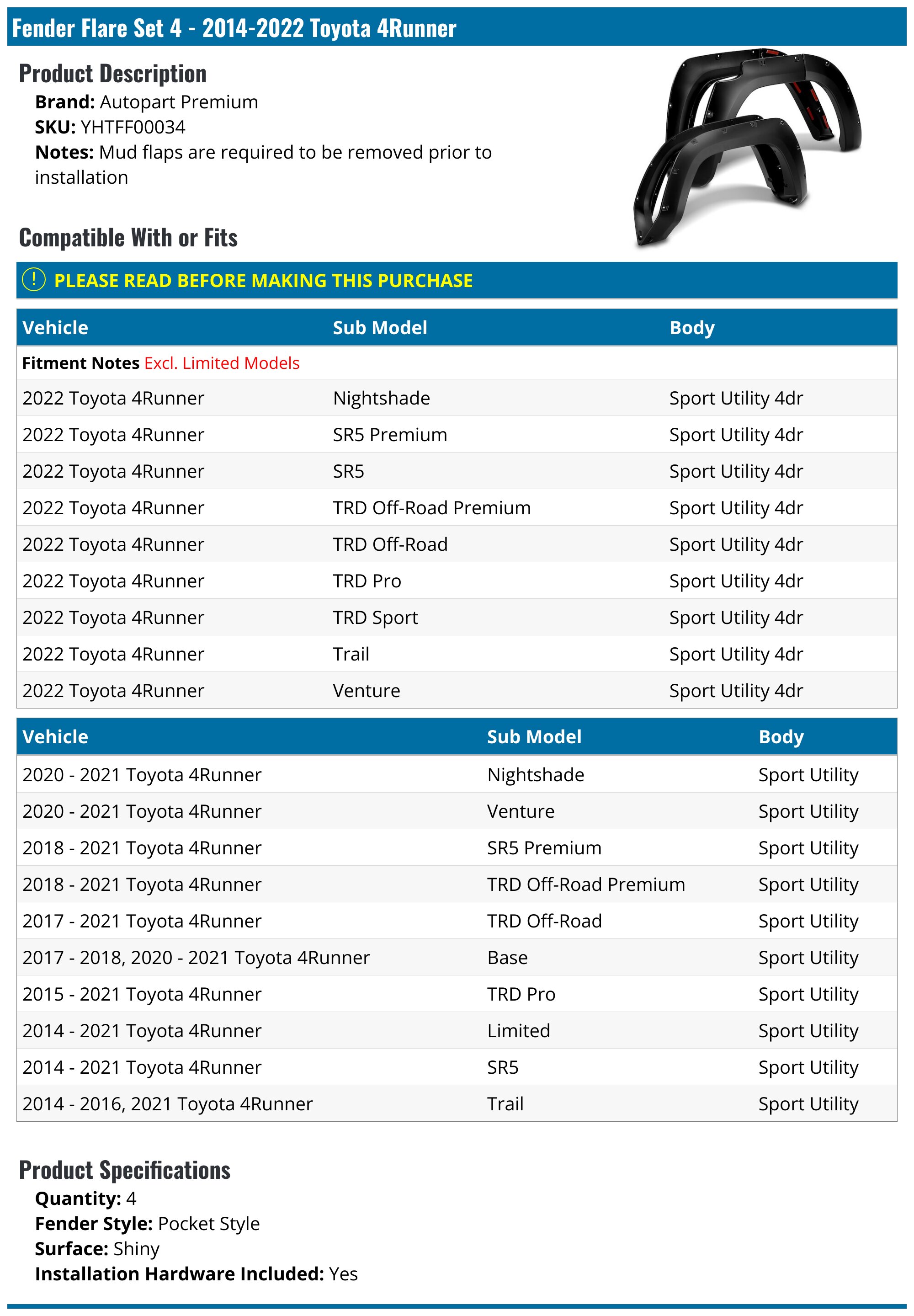 2014-2022 Toyota 4Runner Fender Flare - Autopart Premium YHTFF00034 - PartsGeek.com