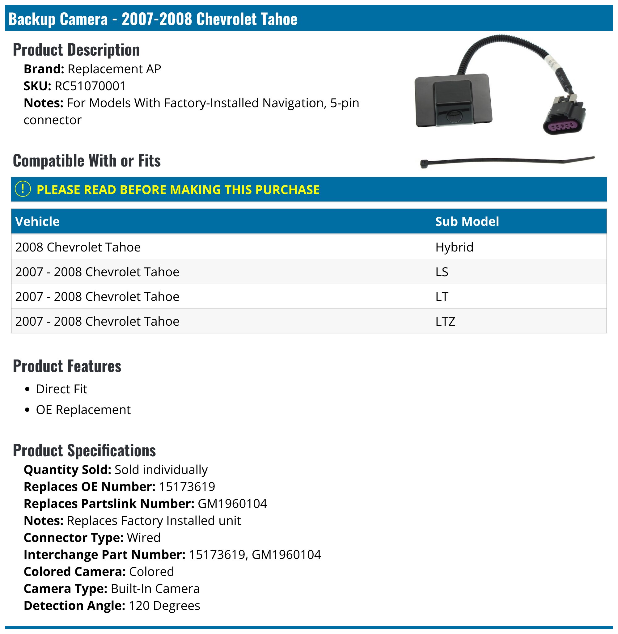 2007-2013 Chevrolet Tahoe Backup Camera - Replacement AP RC51070001 ...