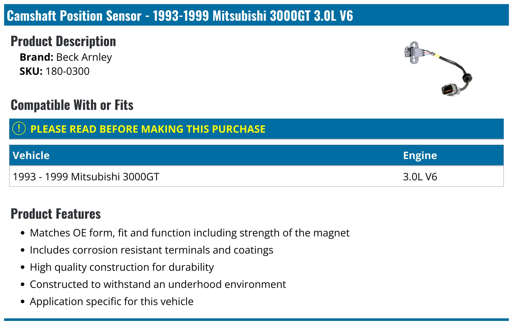 1993-1999 Mitsubishi 3000GT Camshaft Position Sensor - Beck Arnley 180 ...