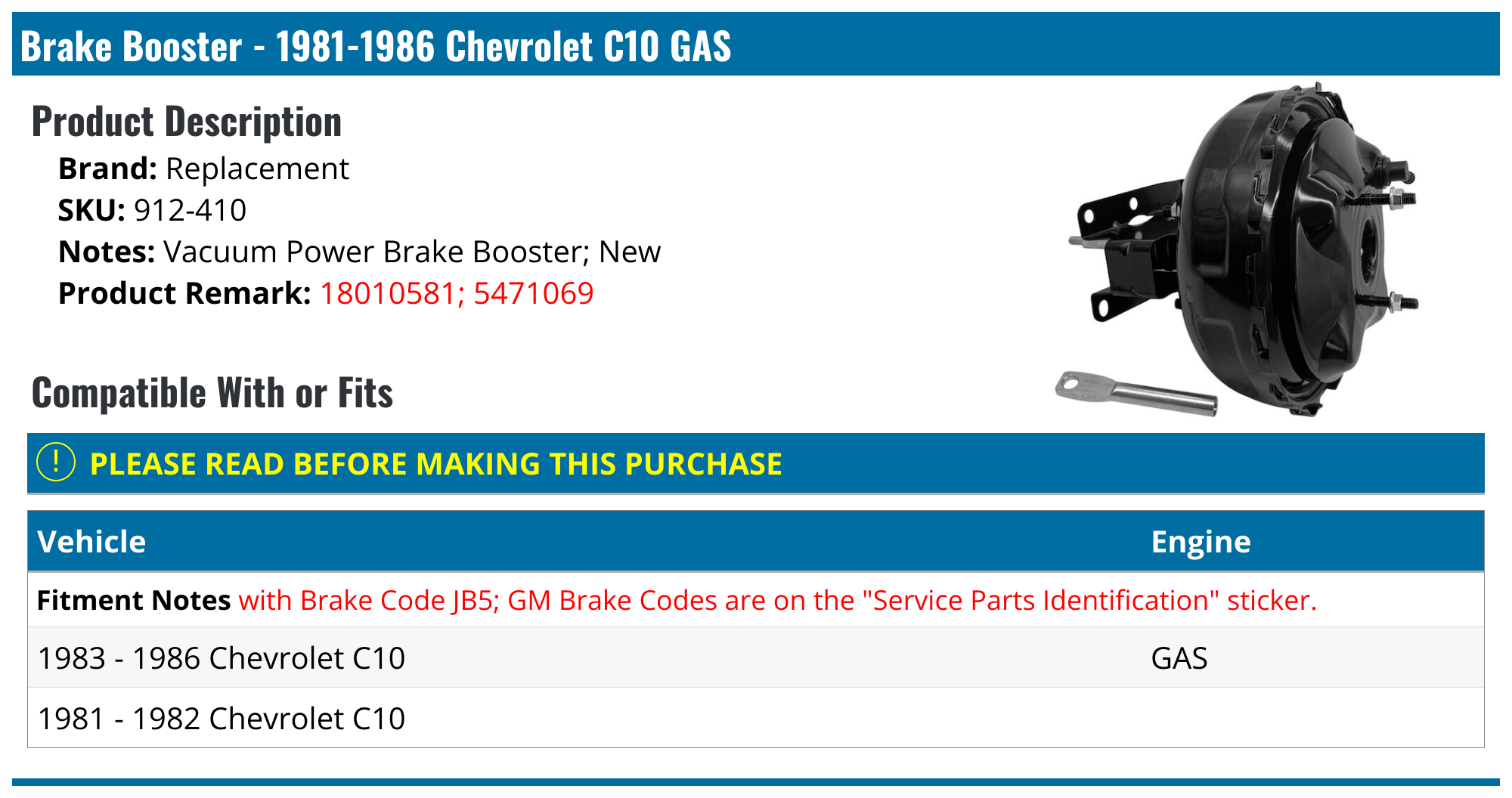 1981-1986 Chevrolet C10 Brake Booster - Replacement 912-410 - PartsGeek.com