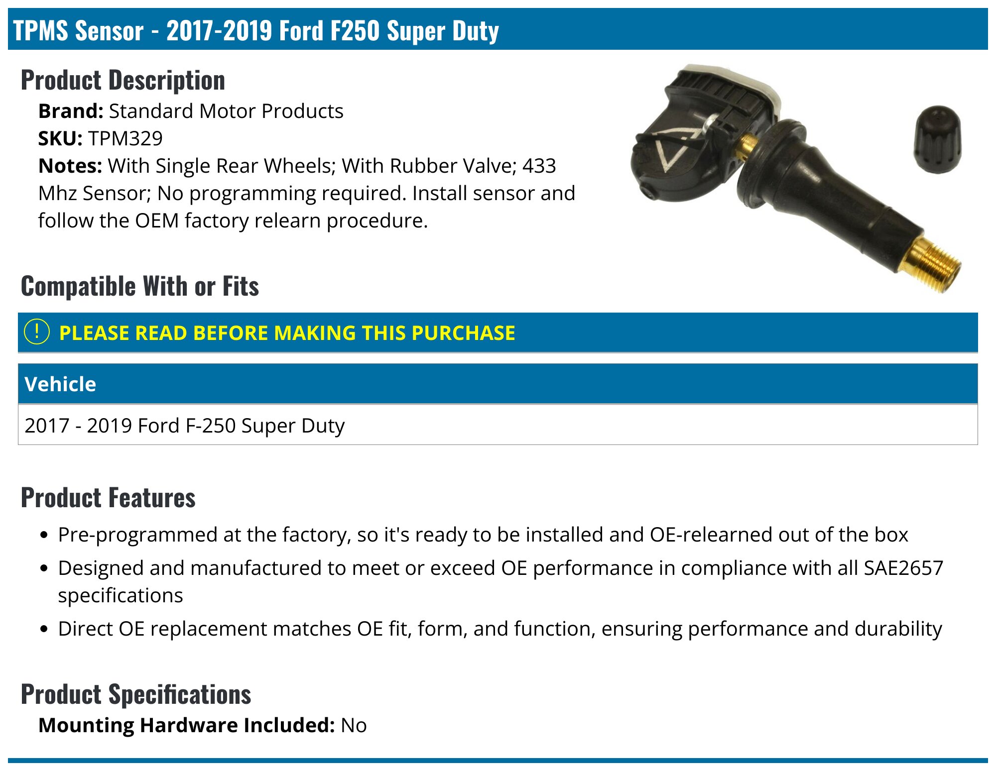 2017-2019 Ford F250 Super Duty Tire Pressure Monitoring Sensor ...