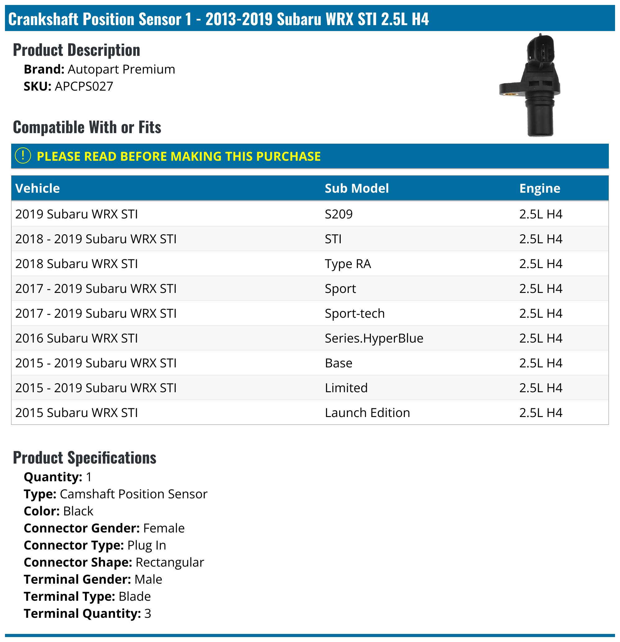 2013-2019 Subaru WRX STI Camshaft Position Sensor - Autopart Premium ...