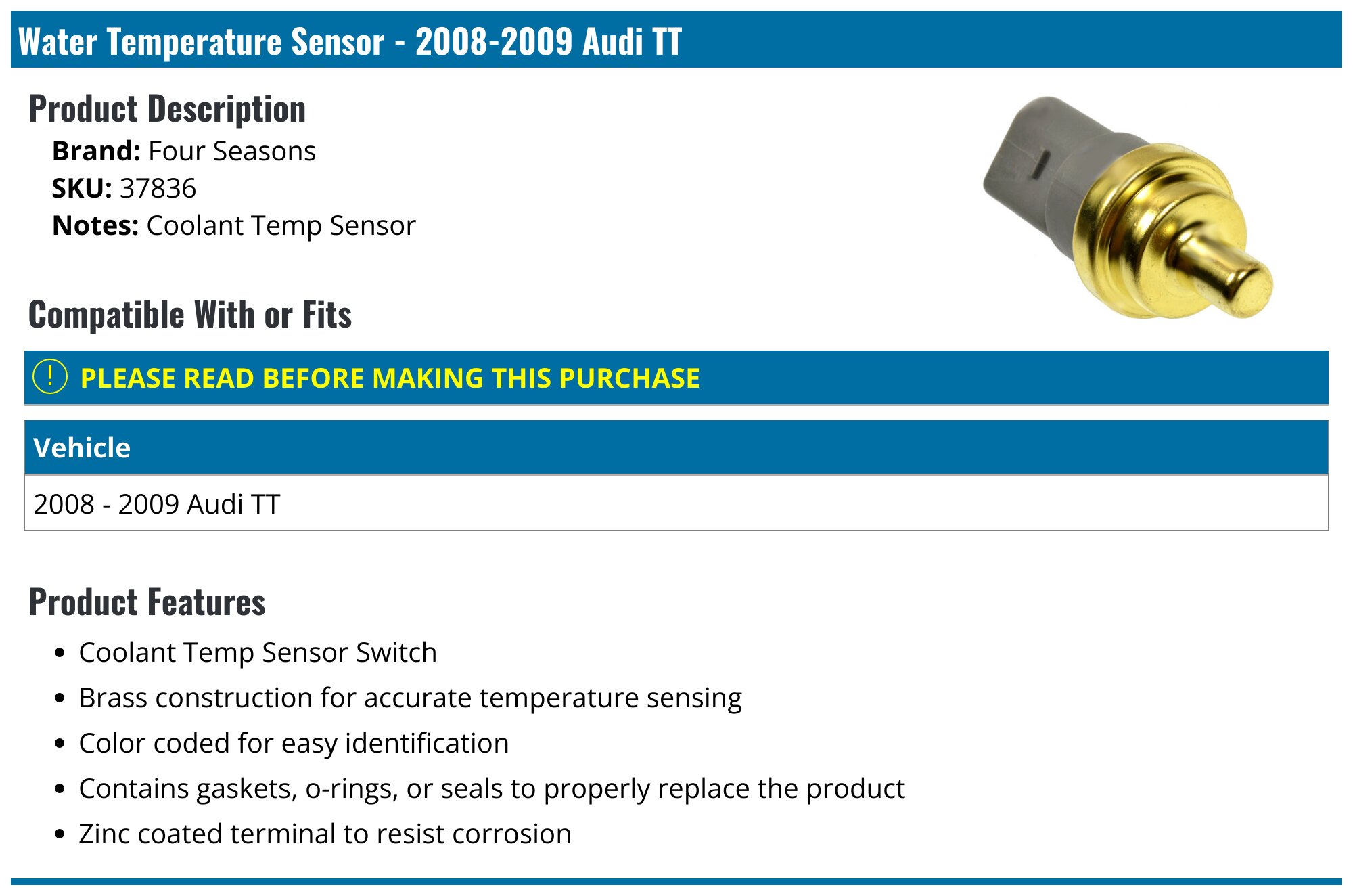 2008-2009 Audi TT Water Temperature Sensor - Four Seasons 37836 ...