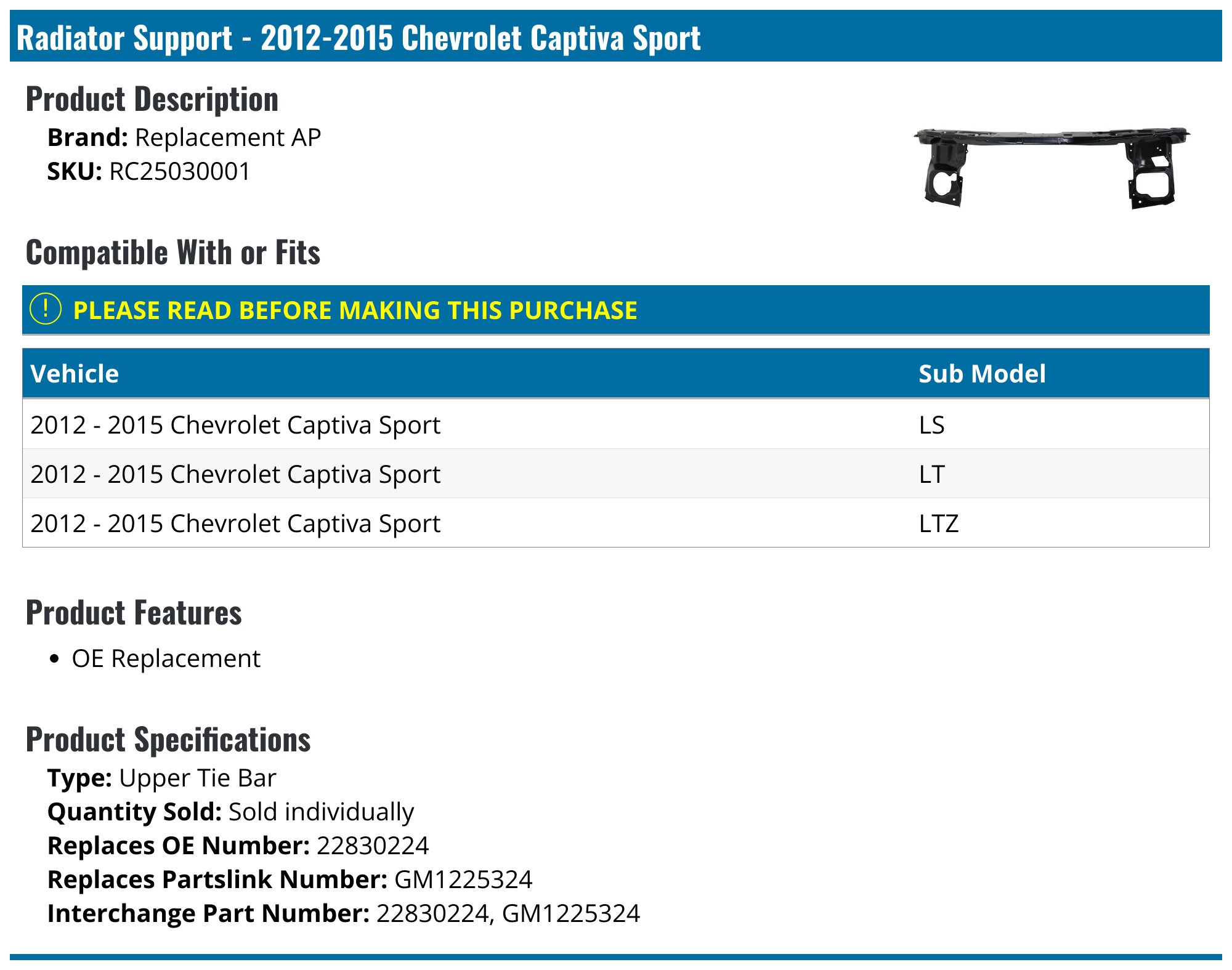 2012-2015 Chevrolet Captiva Sport Radiator Support - Replacement AP ...