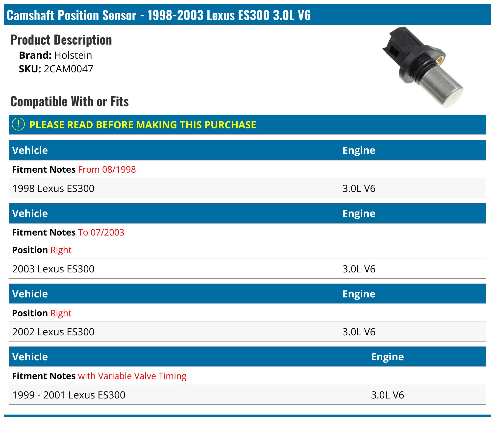 1998-2003 Lexus ES300 Camshaft Position Sensor - Holstein 2CAM0047 ...