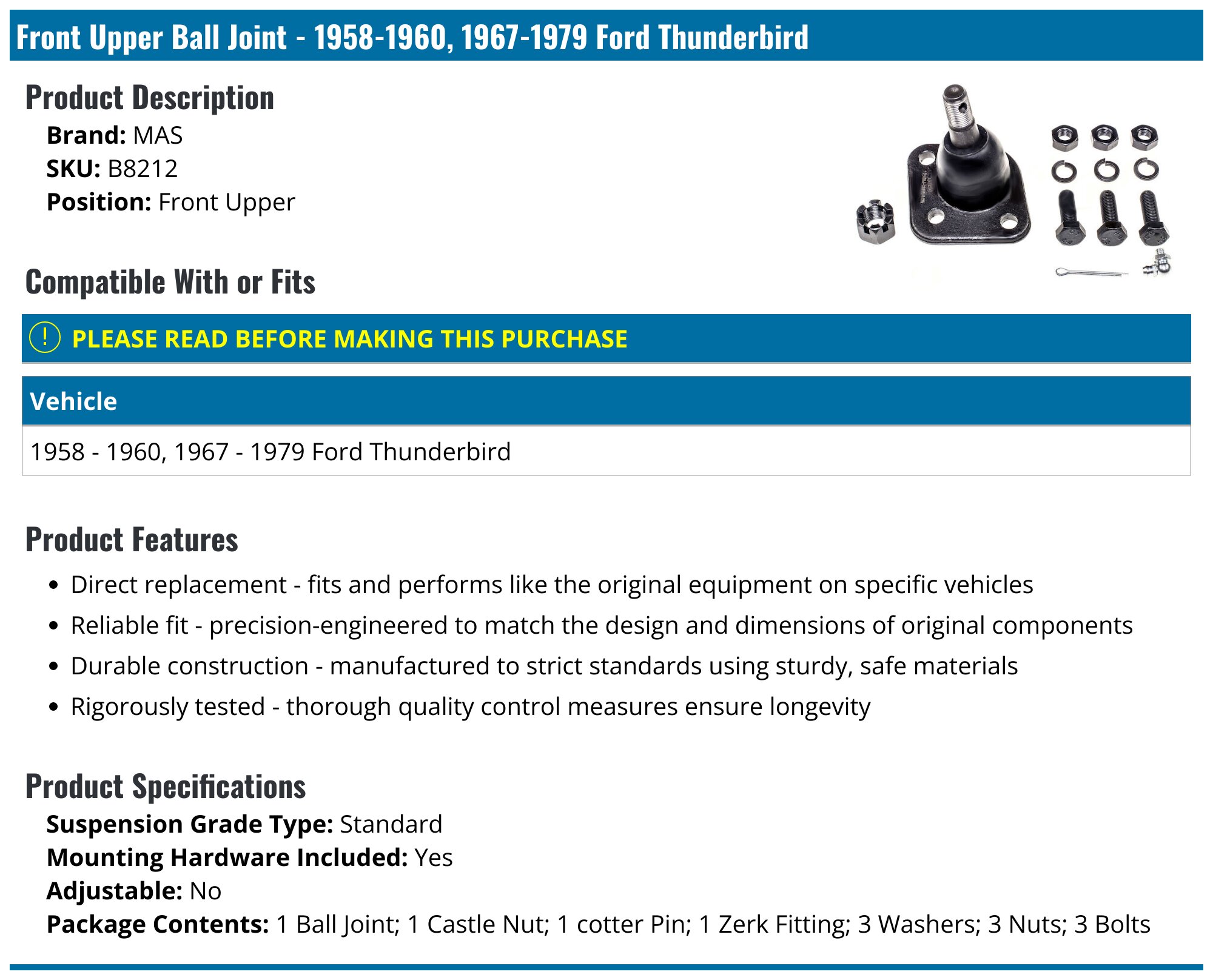 1958-1960, 1967-1979 Ford Thunderbird Ball Joint - MAS B8212 - Front ...