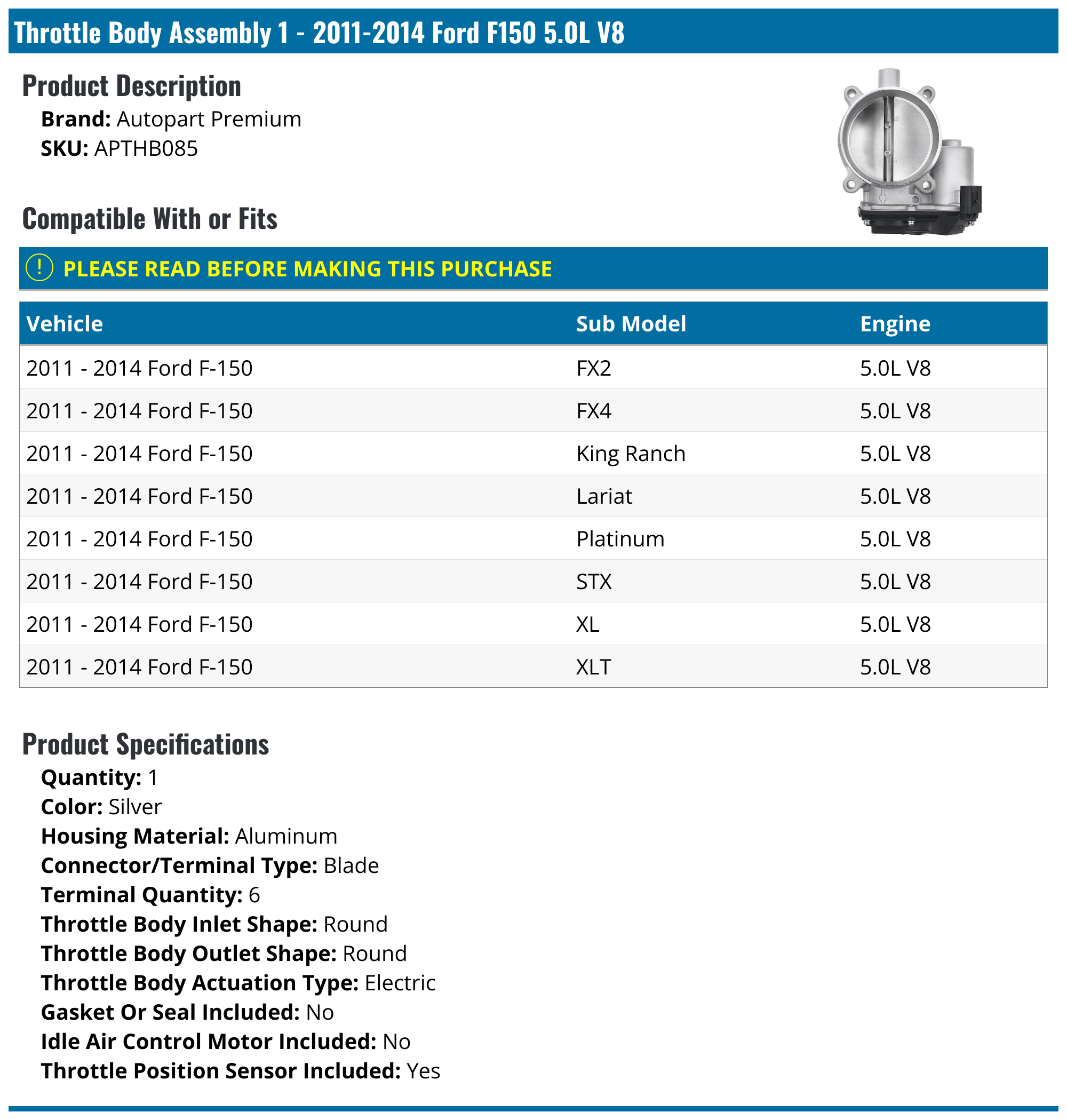 2011-2014 Ford F150 Throttle Body - Autopart Premium APTHB085 ...