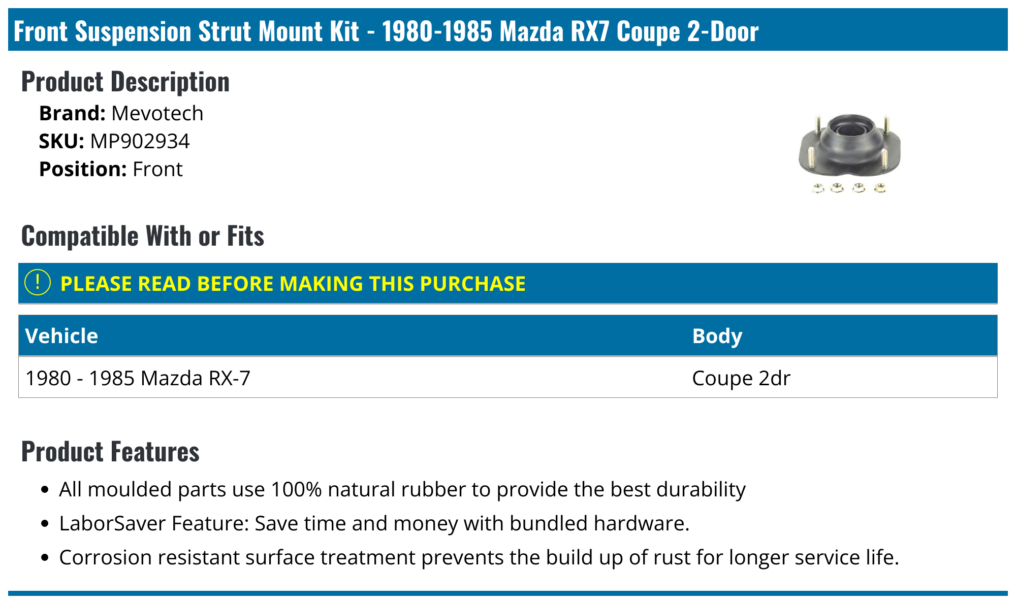 1980-1985 Mazda RX7 Strut Mount - Mevotech MP902934 - Front - PartsGeek.com