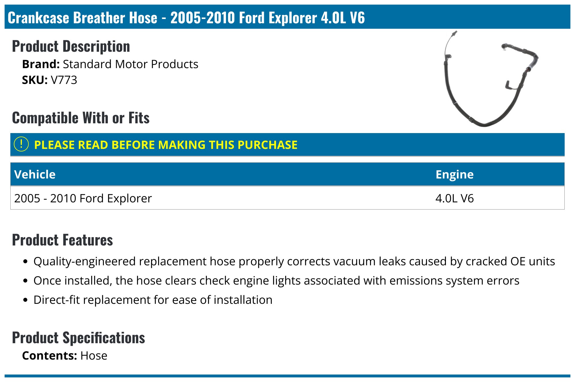 2005-2010 Ford Explorer Breather Hose - Standard Motor Products V773 ...