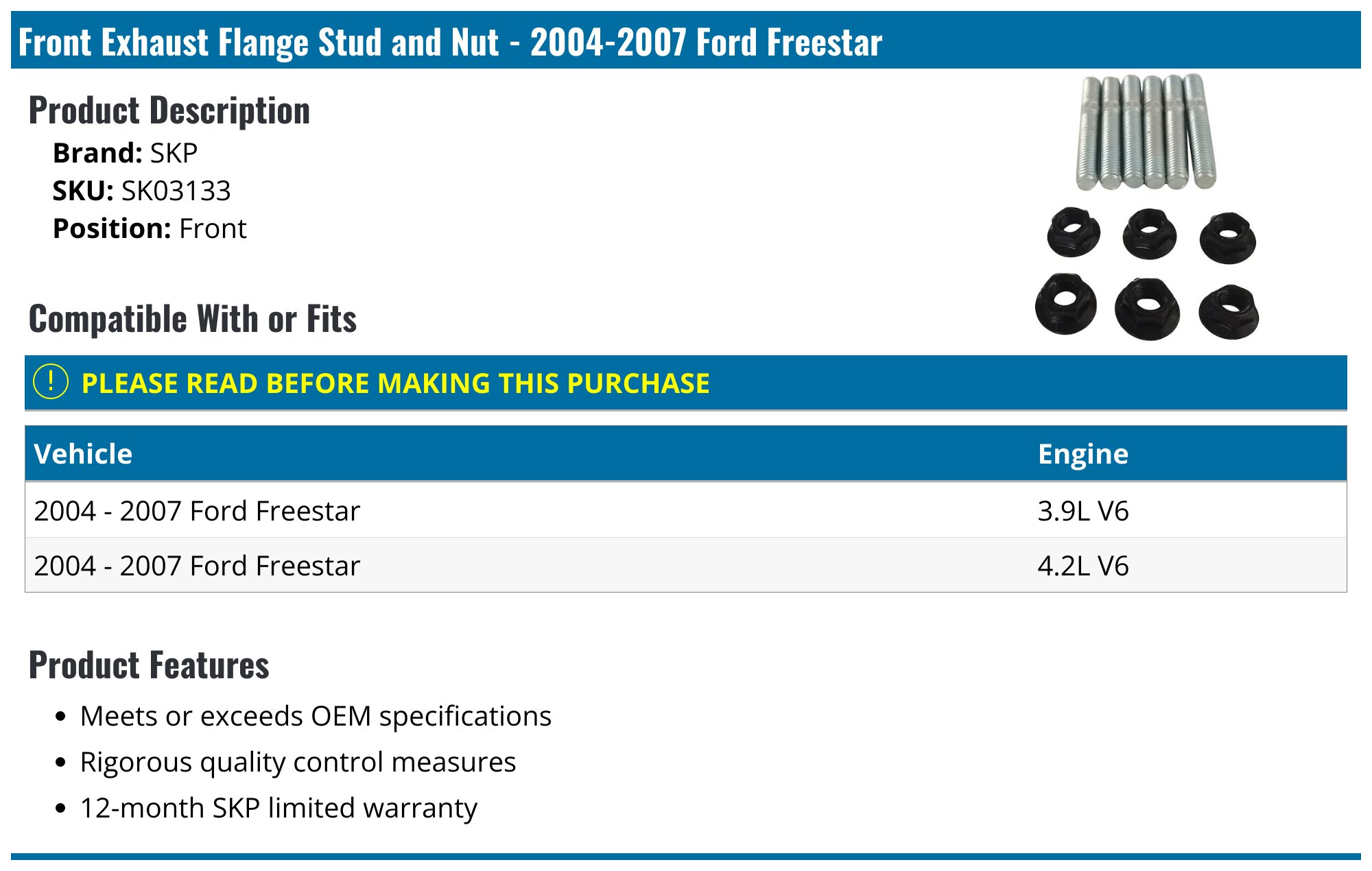 2004-2007 Ford Freestar Exhaust Flange Stud and Nut - SKP SK03133 ...