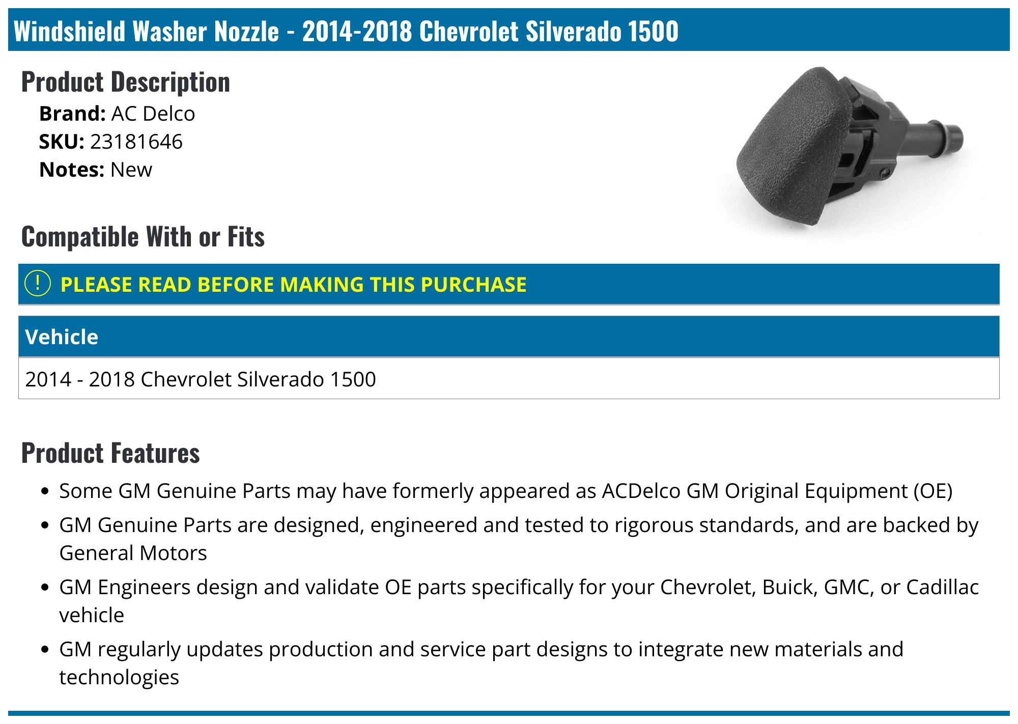 2014-2018 Chevrolet Silverado 1500 Windshield Washer Nozzle - AC Delco ...