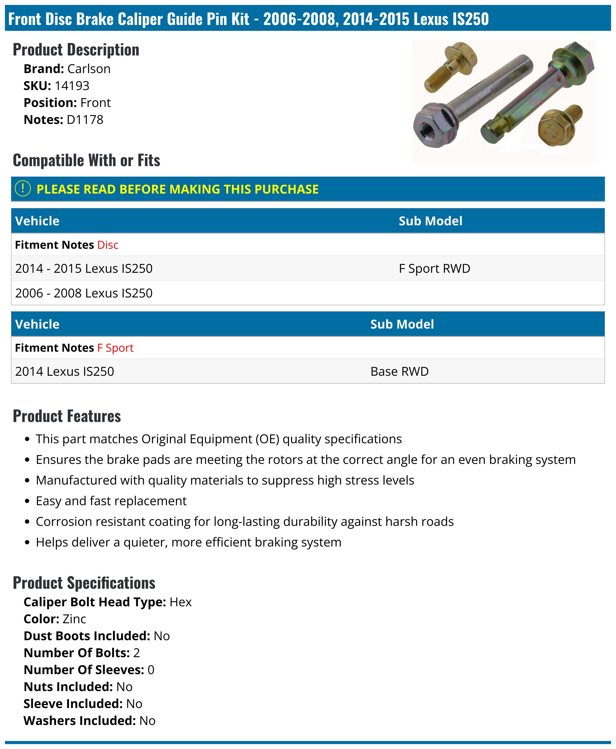 2006-2008, 2014-2015 Lexus IS250 Disc Brake Caliper Guide Pin Kit ...