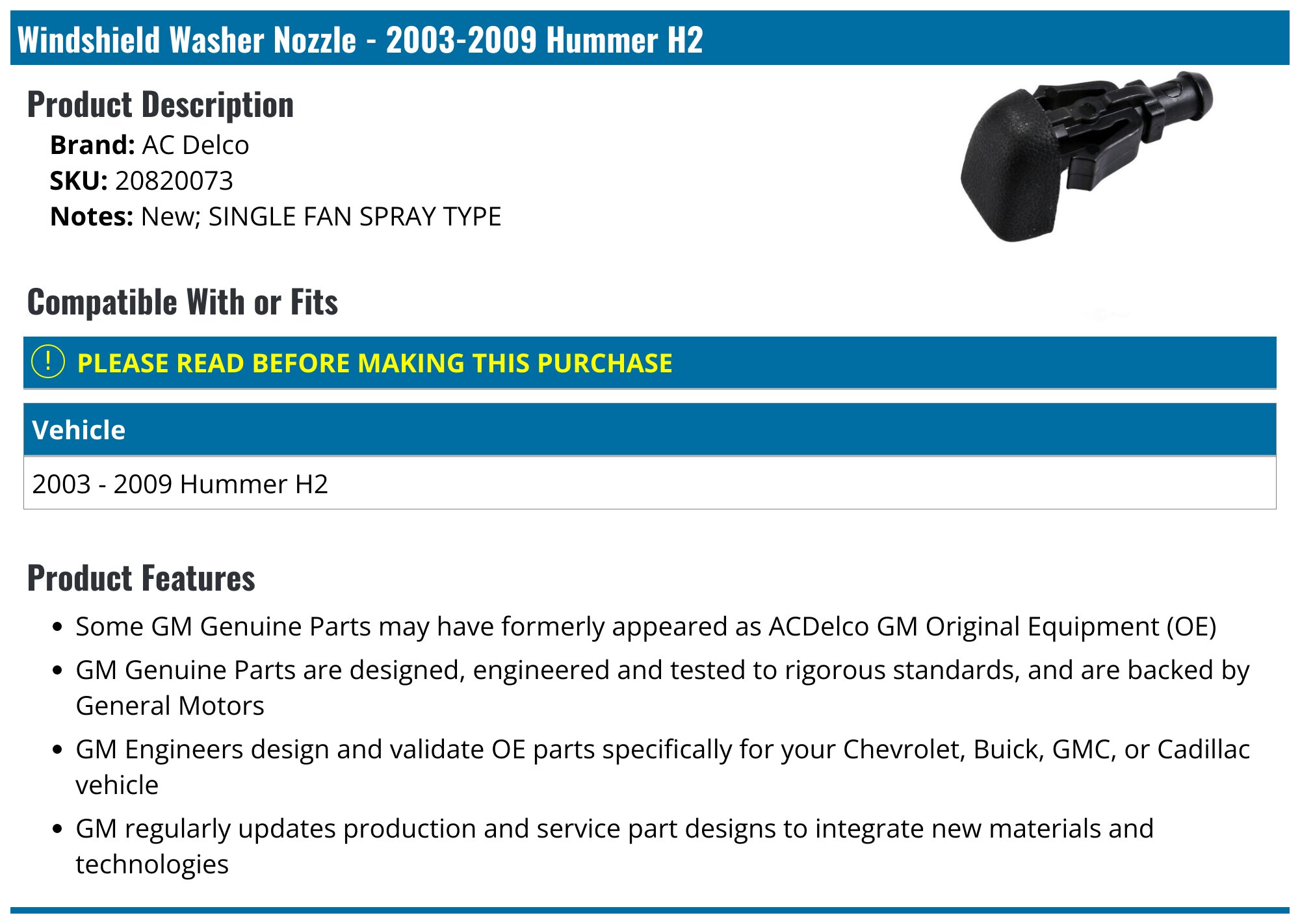 2003-2009 Hummer H2 Windshield Washer Nozzle - AC Delco 20820073 ...