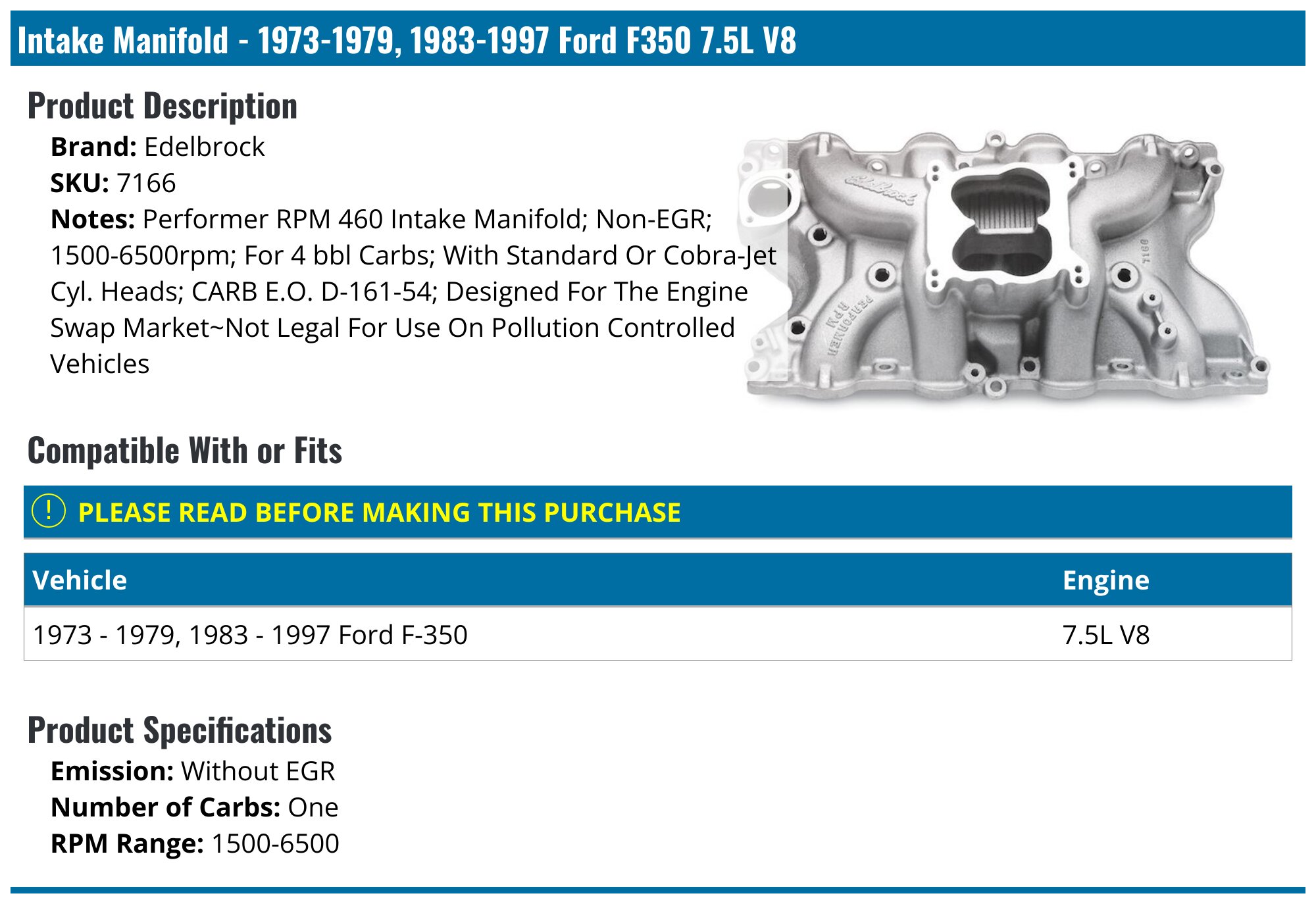 1973-1979, 1983-1997 Ford F350 Intake Manifold - Edelbrock 7166 ...